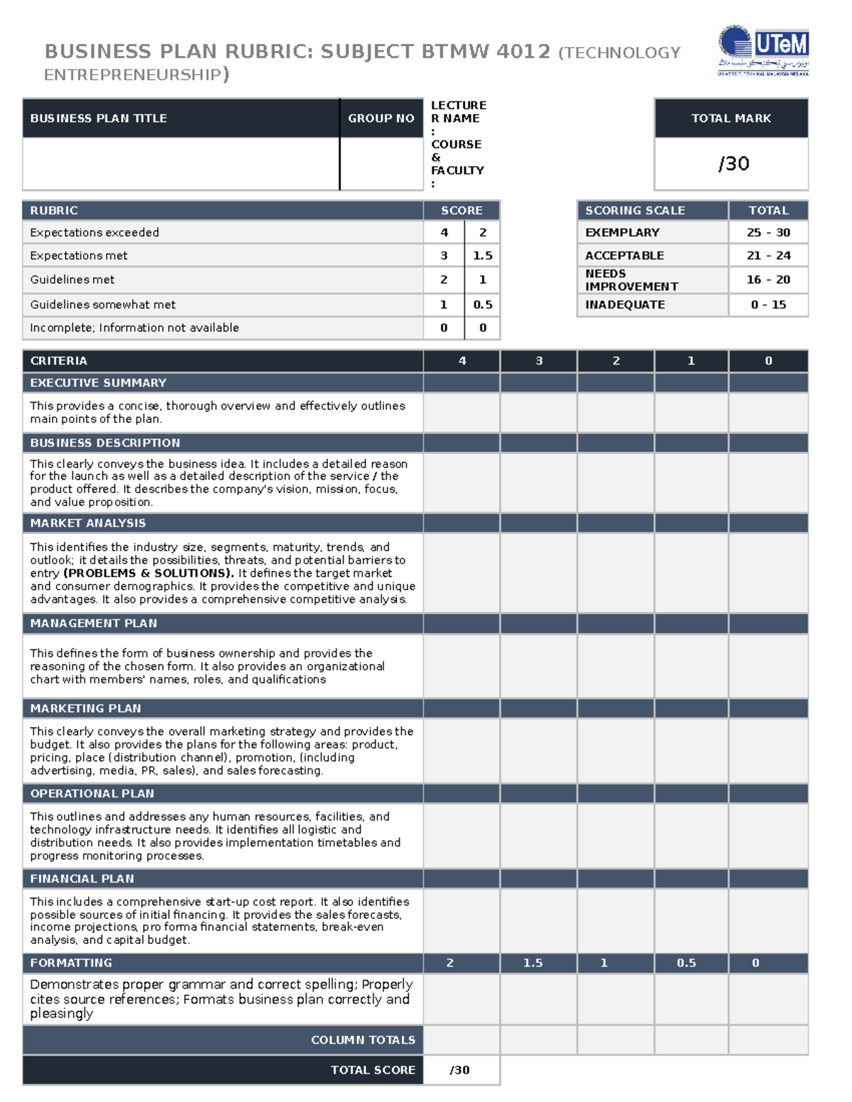 Business Plan Marking Rubric Sem 2 2020-2021-New - BUSINESS PLAN RUBRIC ...