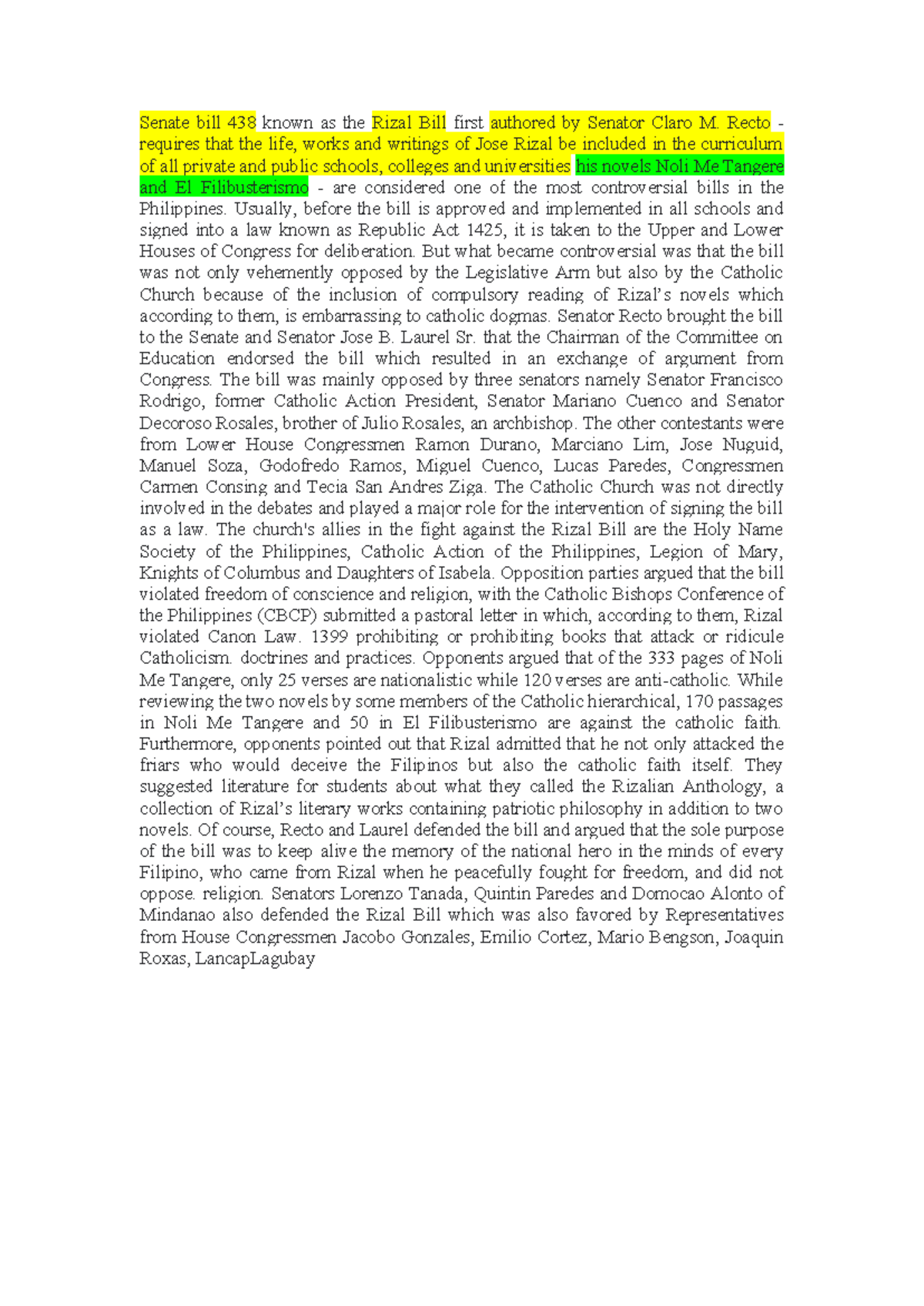Senate bill 438 known as the Rizal Bill first auth - Recto - requires ...