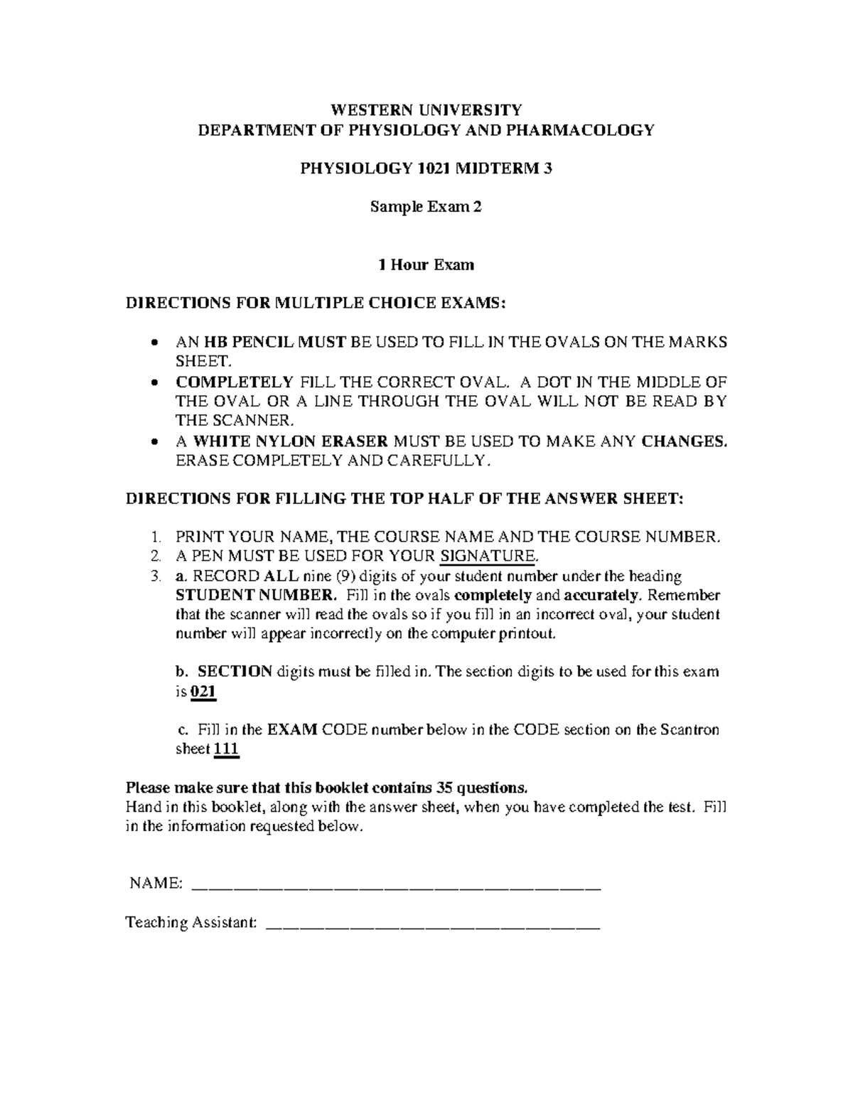 Midterm 3 1021 Sample Exam for 2021 2022 - WESTERN UNIVERSITY ...