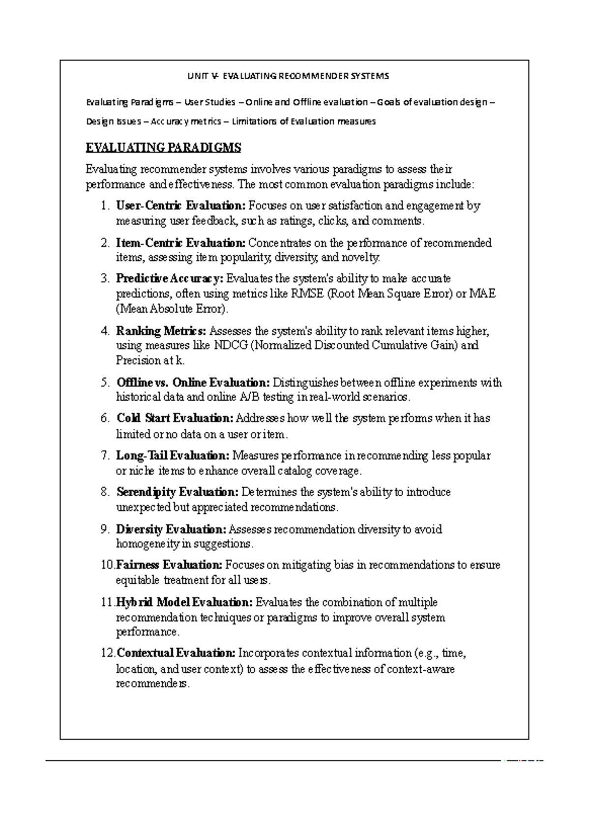 Unit V Summary Recommender System Unit V Evaluating Recommender Systems Evaluating