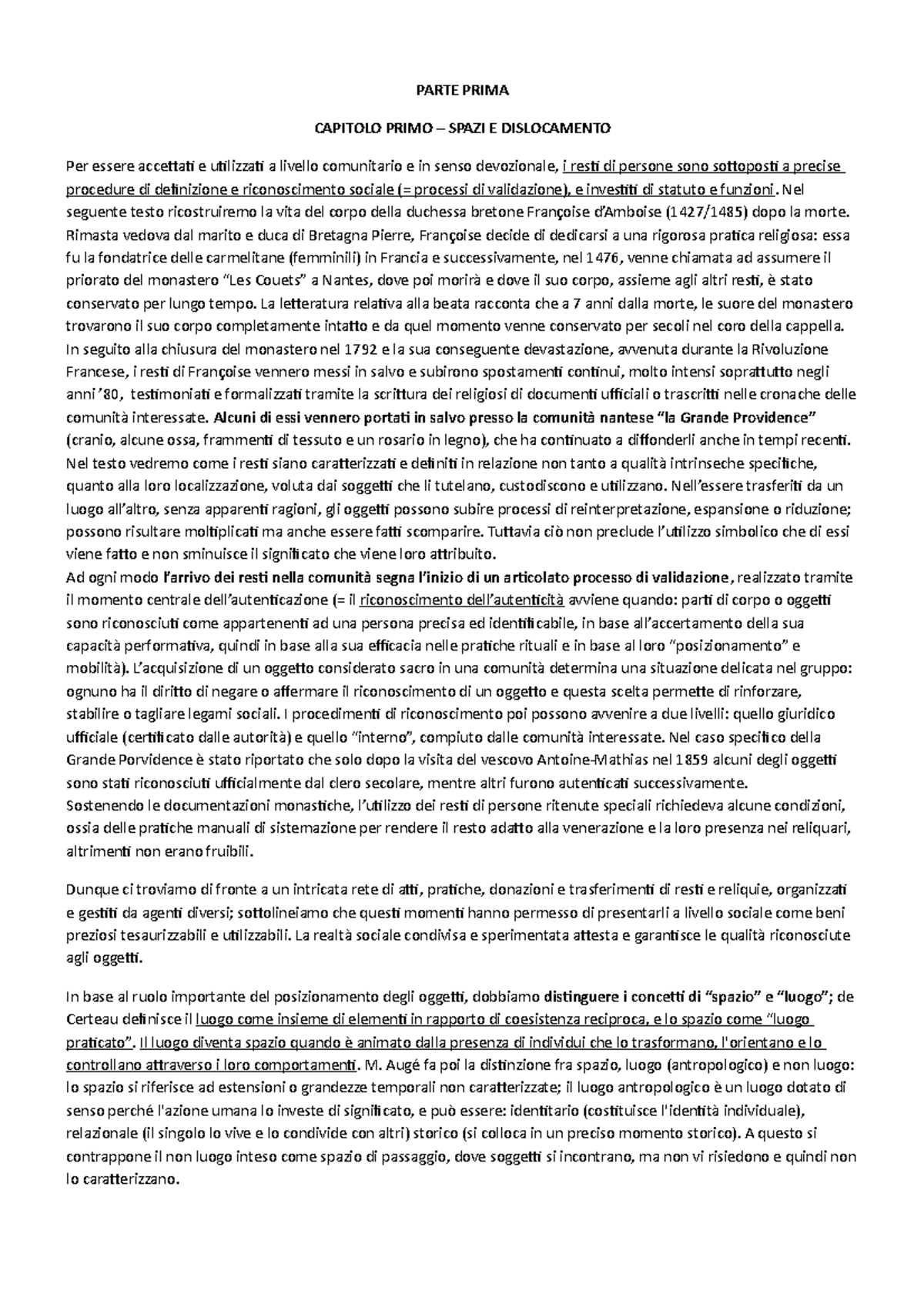 Riass. Antropolgia delle reliquie - PARTE PRIMA CAPITOLO PRIMO – SPAZI ...