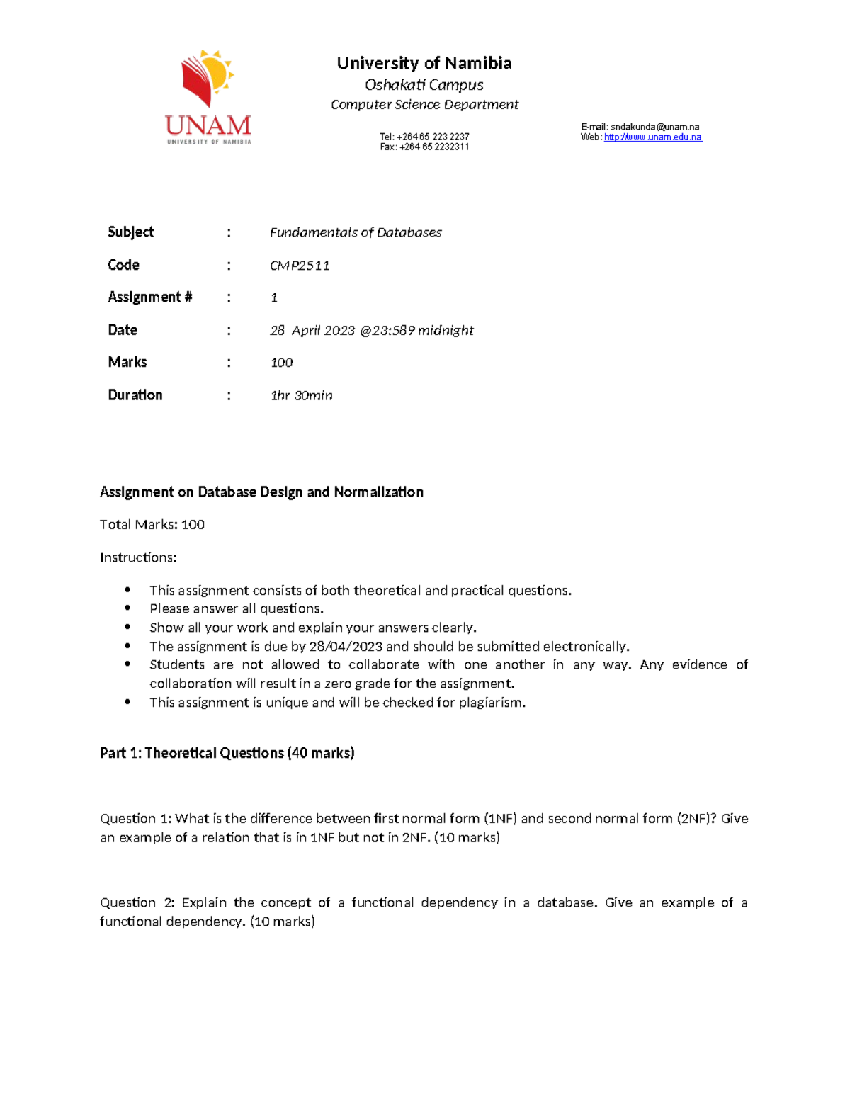 Assignment 1 2023 Databases - University of Namibia Oshakati Campus Computer Science Department ...