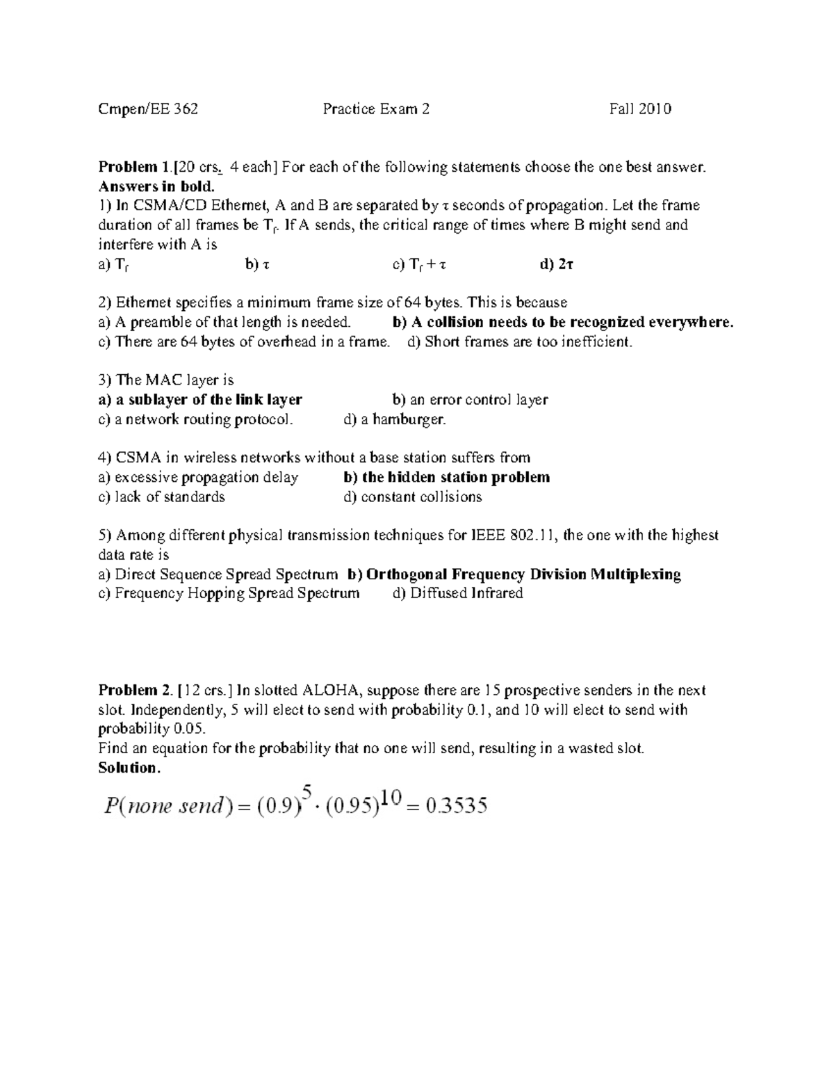 Practice Exam 2 Sol - EE 362 Fall Exam 2 - Cmpen/EE 362 Practice Exam 2 Fall 2010 Problem 1.[20 ...