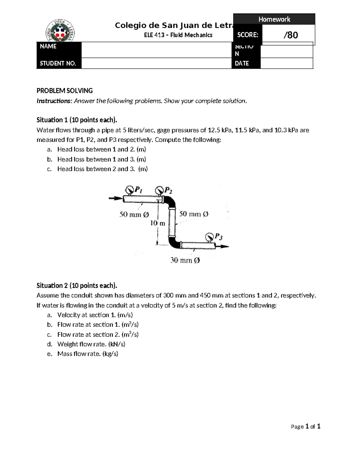 HW - ELE413 - Colegio de San Juan de Letran ELE 413 – Fluid Mechanics ...