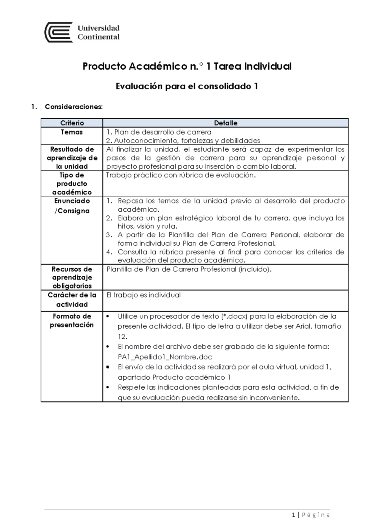 PA01 Gestión Profesional - Producto Académico n.° 1 Tarea Individual Evaluación para el ...