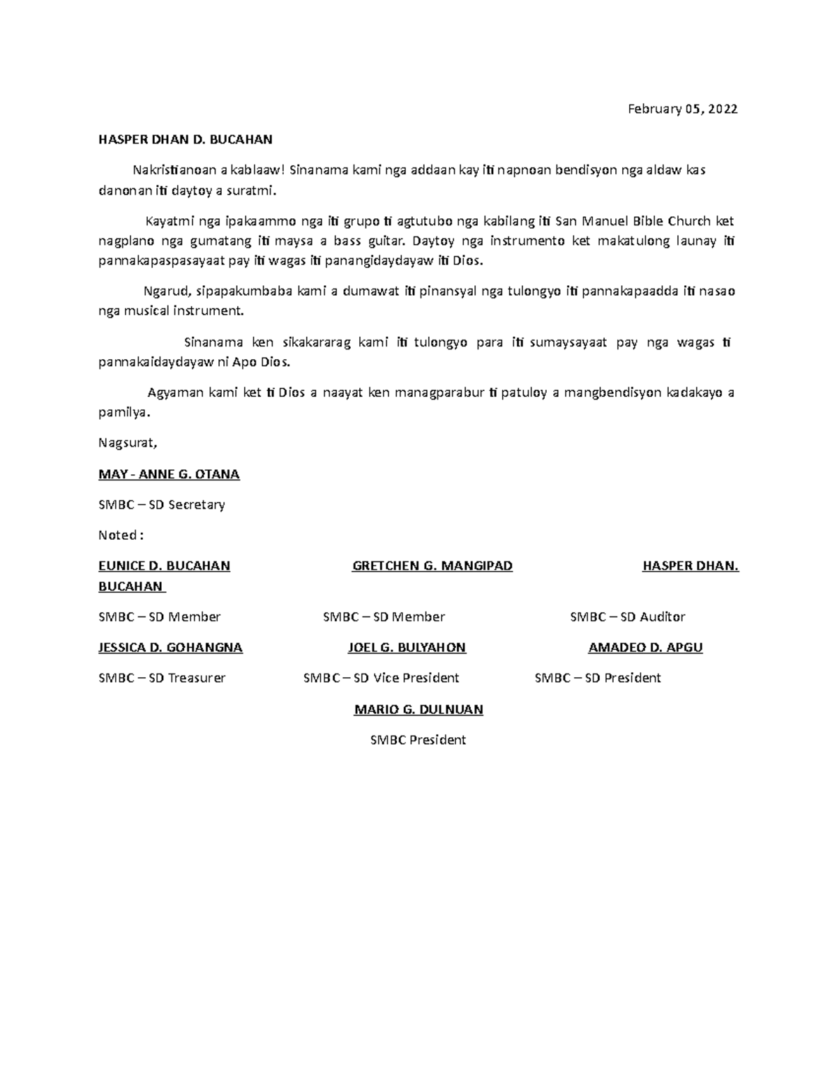 Bass guitar solicitation letter - February 05, 2022 HASPER DHAN D ...