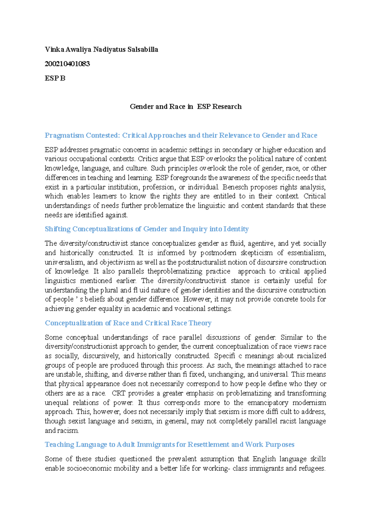 Gender and Race in ESP Research - Vinka Awaliya Nadiyatus Salsabilla ...