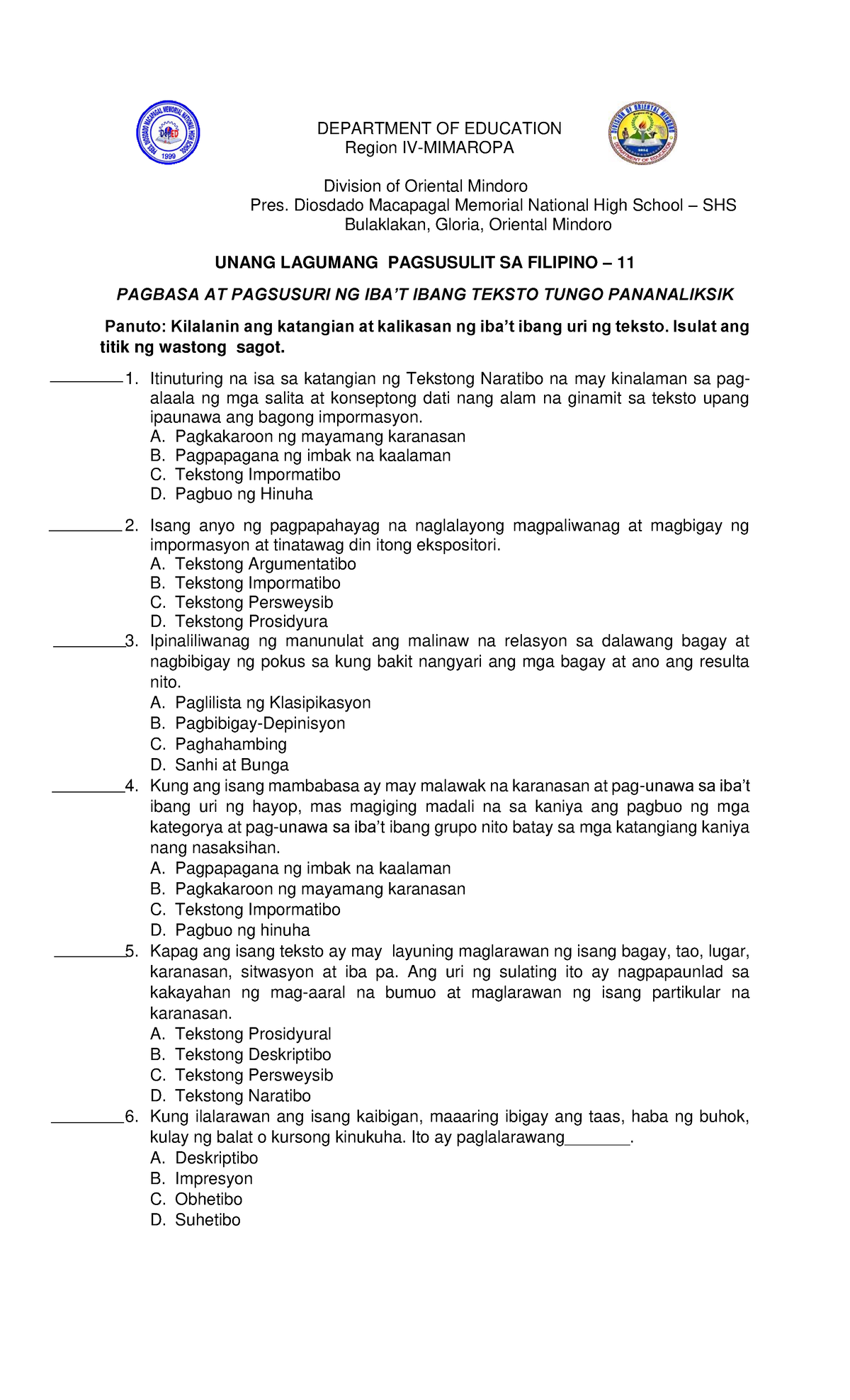 pagbasa-at-pagsusuri-ng-ibax27t-ibang-teksto - DEPARTMENT OF EDUCATION Region IV-MIMAROPA ...