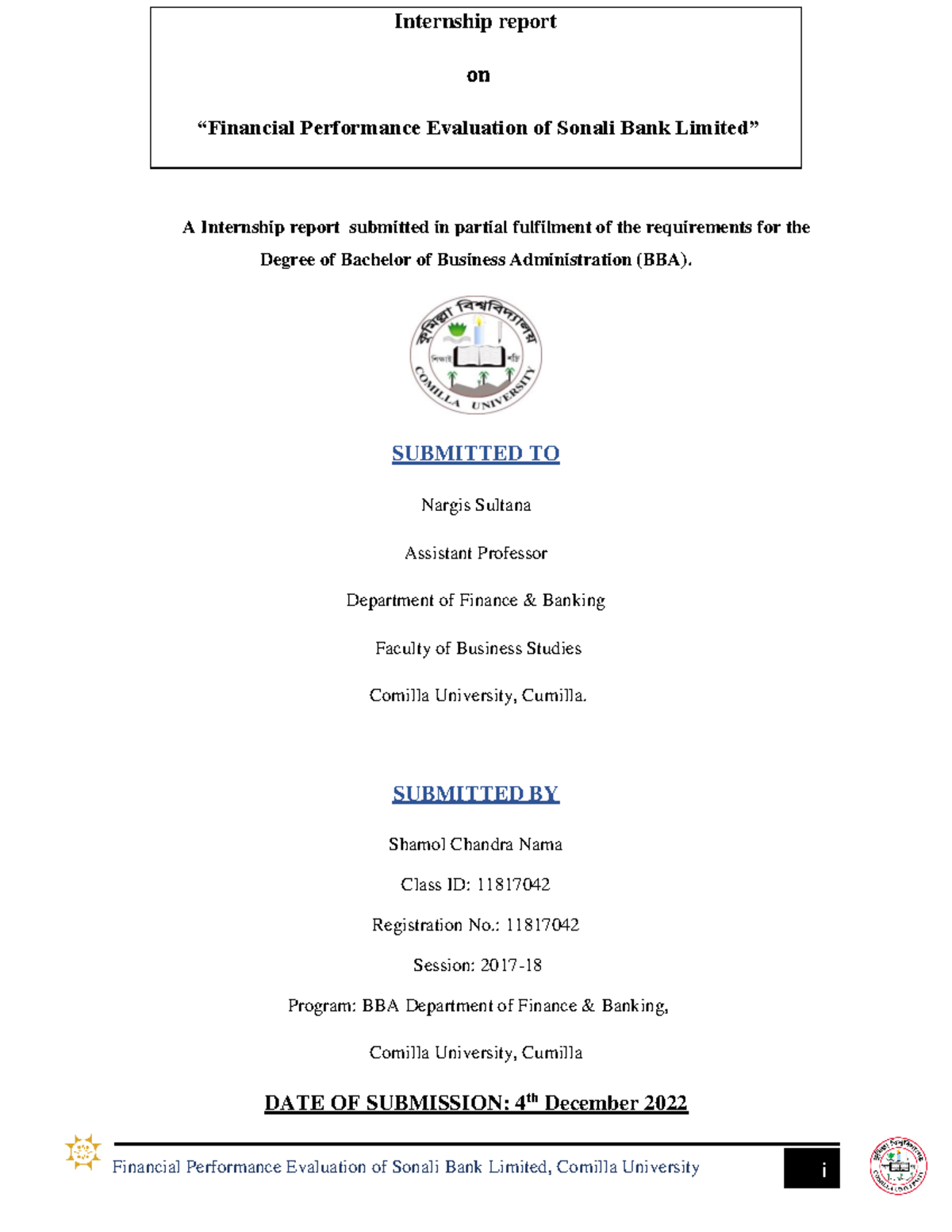 Intern report cover - Financial Performance Evaluation of Sonali Bank ...