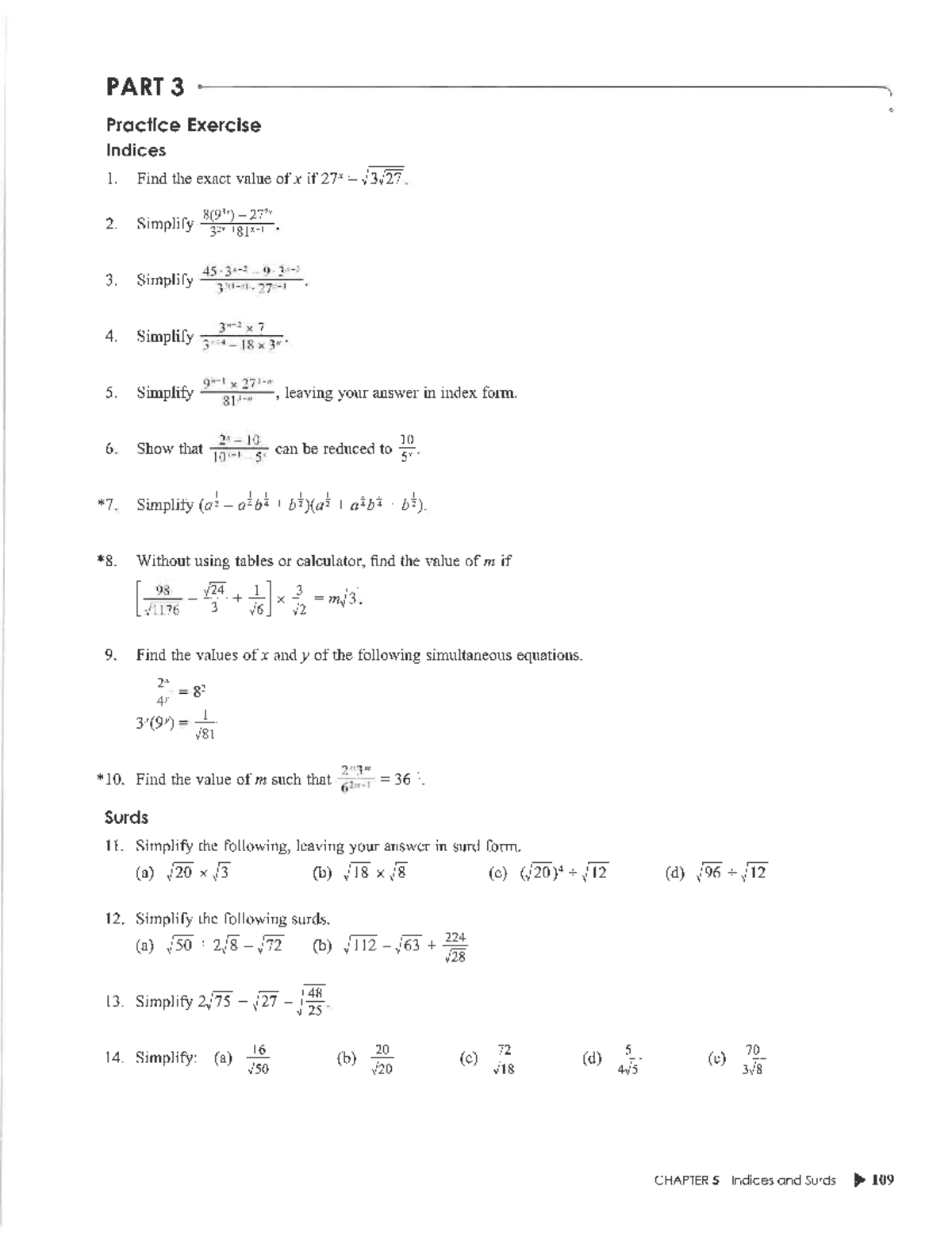 Chapter 5 Indices and Surds - PART 3 Practice Exercise Indices 1. Find ...