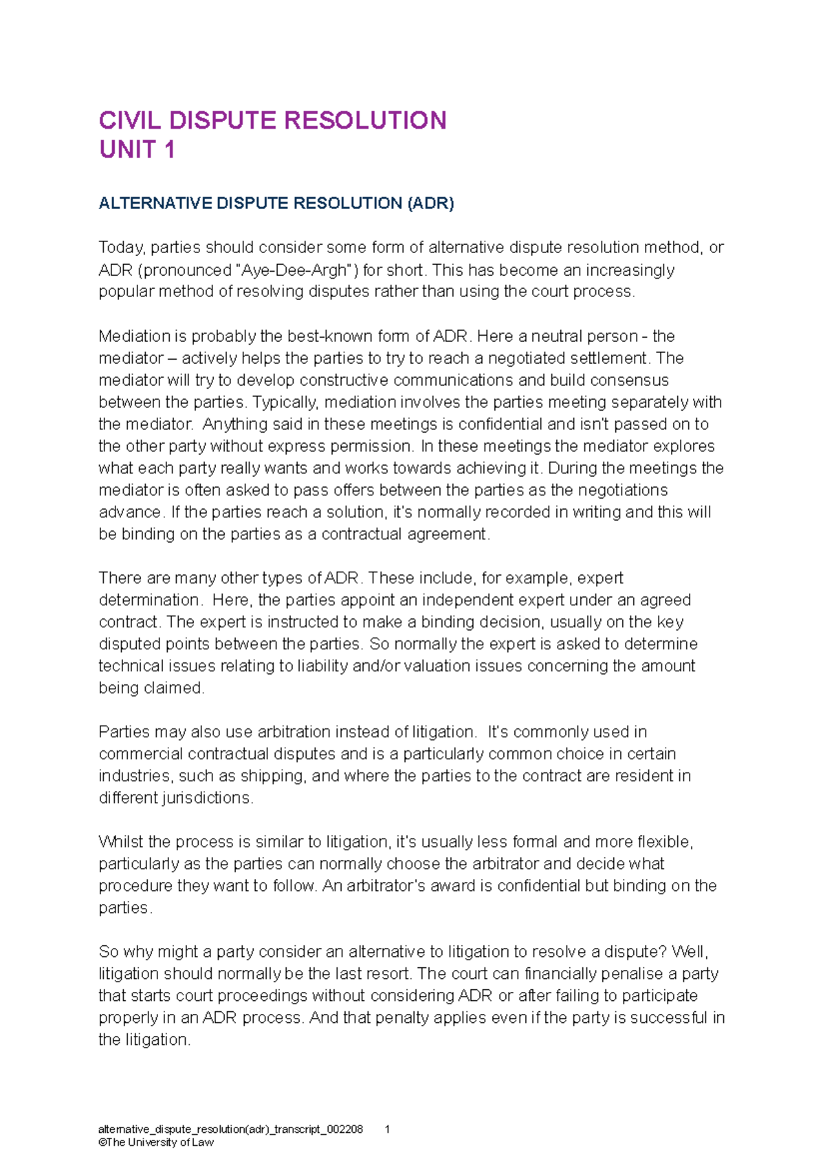 Alternative dispute resolution(adr) transcript 002208 v1 - CIVIL DISPUTE RESOLUTION UNIT 1 - Studocu