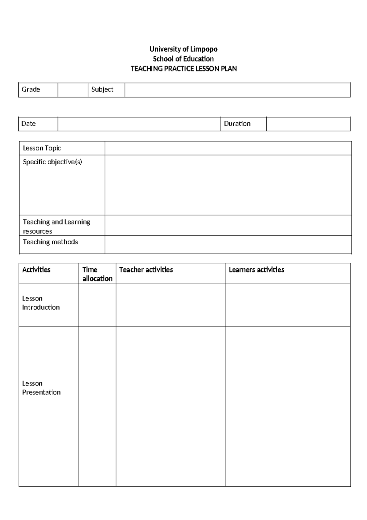 lesson plan pratice for method of teahing - HMLB021 - University of ...