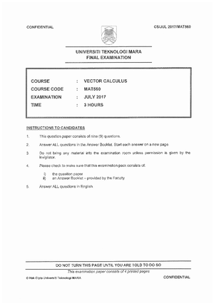 MAT560 2016 DEC - Past year questions - Vector Calculus - Studocu