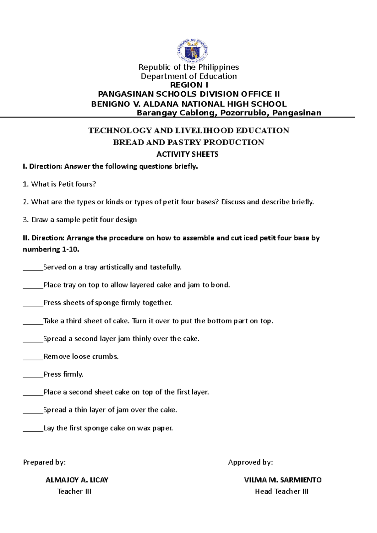 Activity Sheets IN TLE - for the students taking up agri - Republic of ...