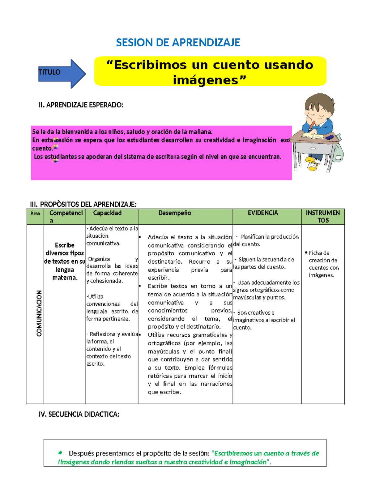 Sesion DE Aprendizaje Escribimos UN Cuento - SESION DE APRENDIZAJE II. APRENDIZAJE ESPERADO: III ...