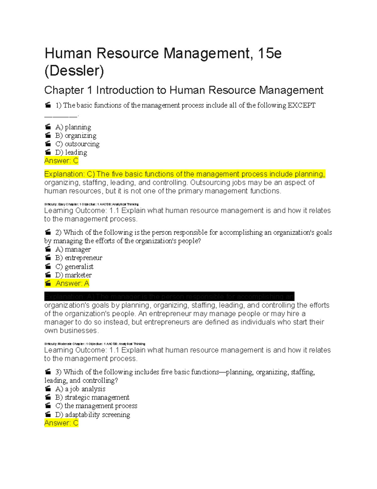 Human Resource Management - chapter 01 MCq - Human Resource Management ...