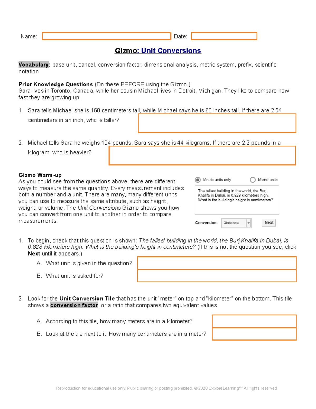 Unit Conversions Gizmo - Name: Date: Gizmo: Unit Conversions Vocabulary ...