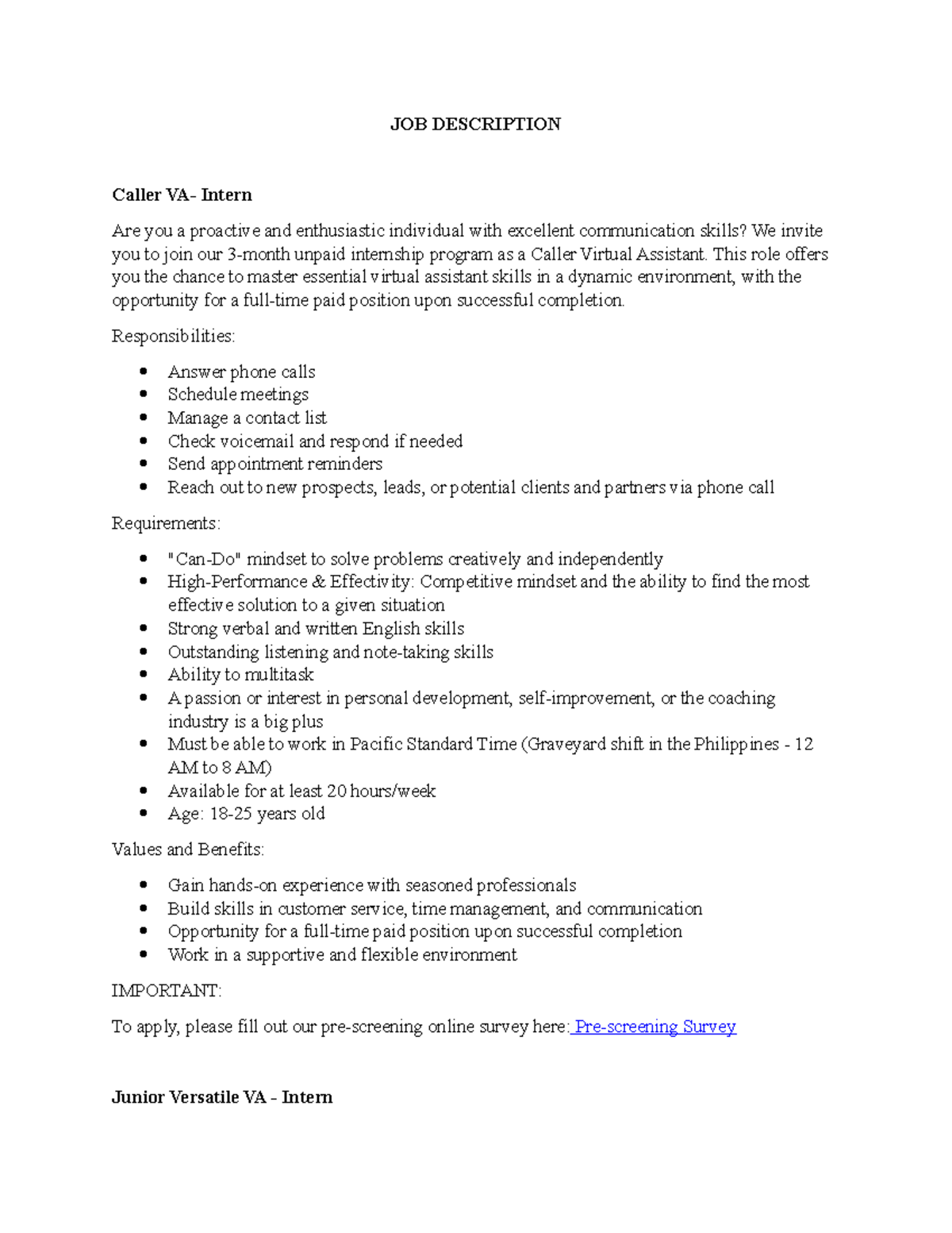 JOB Description revised - JOB DESCRIPTION Caller VA- Intern Are you a ...