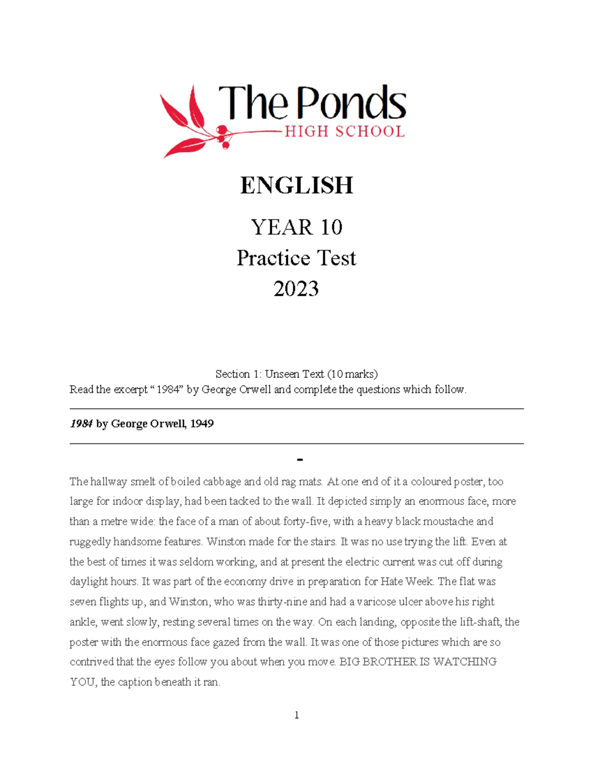 Practice Test 2023 - ENGLISH YEAR 10 Practice Test 2023 Section 1 ...