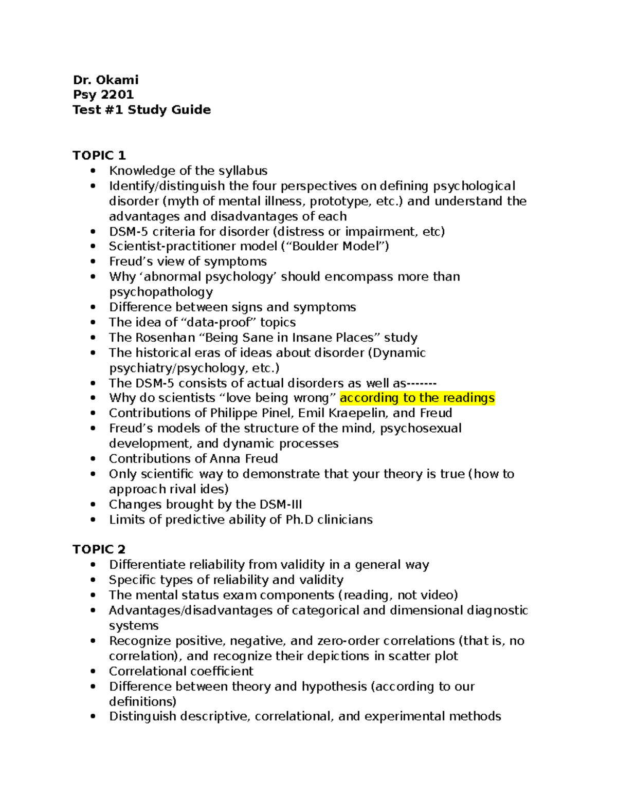 Test 1 Study Guide - Dr. Okami Psy 2201 Test #1 Study Guide TOPIC 1 ...