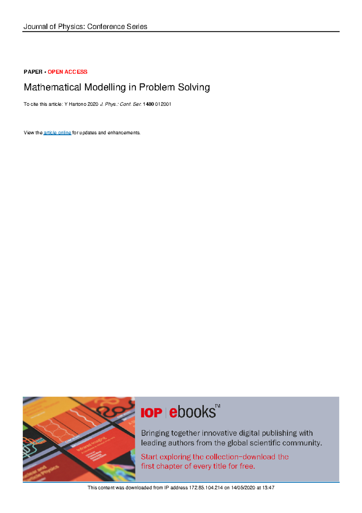 Mathematical Modelling in Problem Solving - Journal of Physics ...