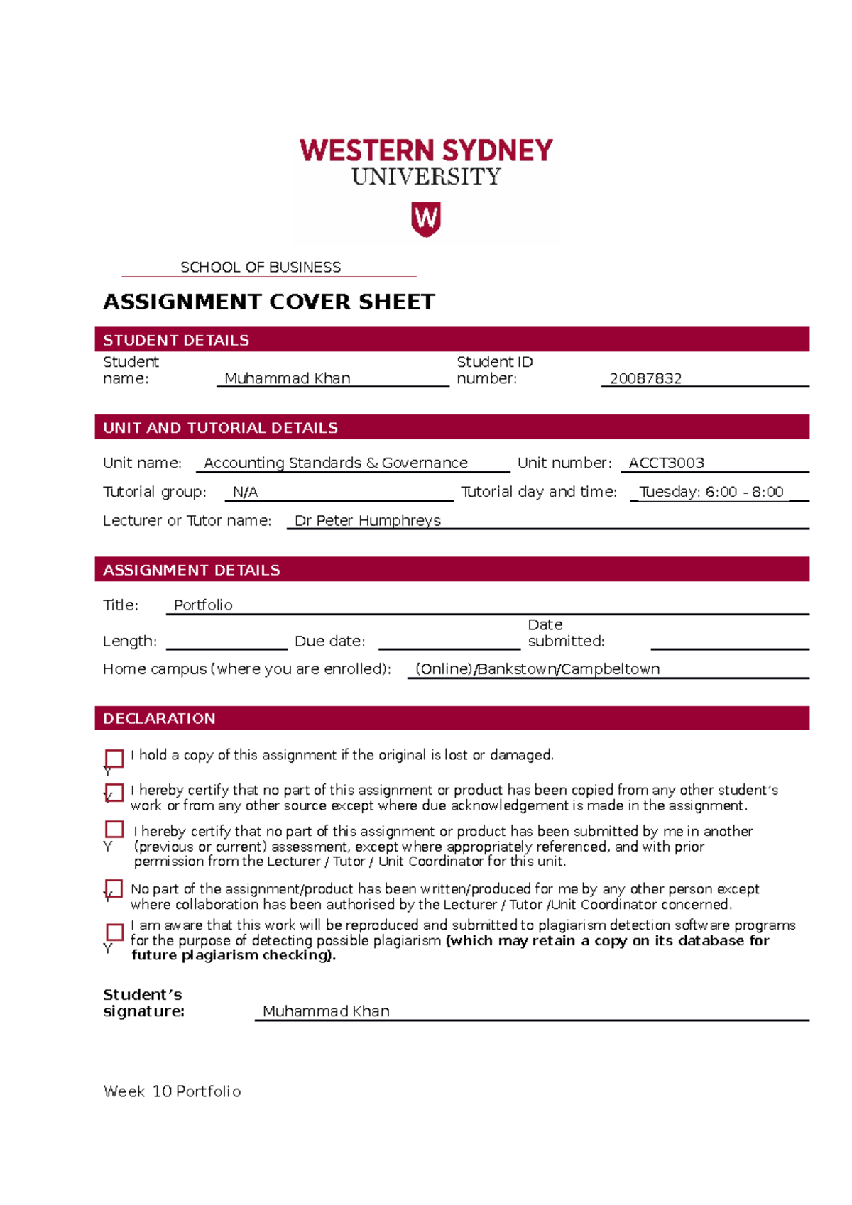 Week 10 - Week 10 Assignment portoflio - SCHOOL OF BUSINESS ASSIGNMENT ...