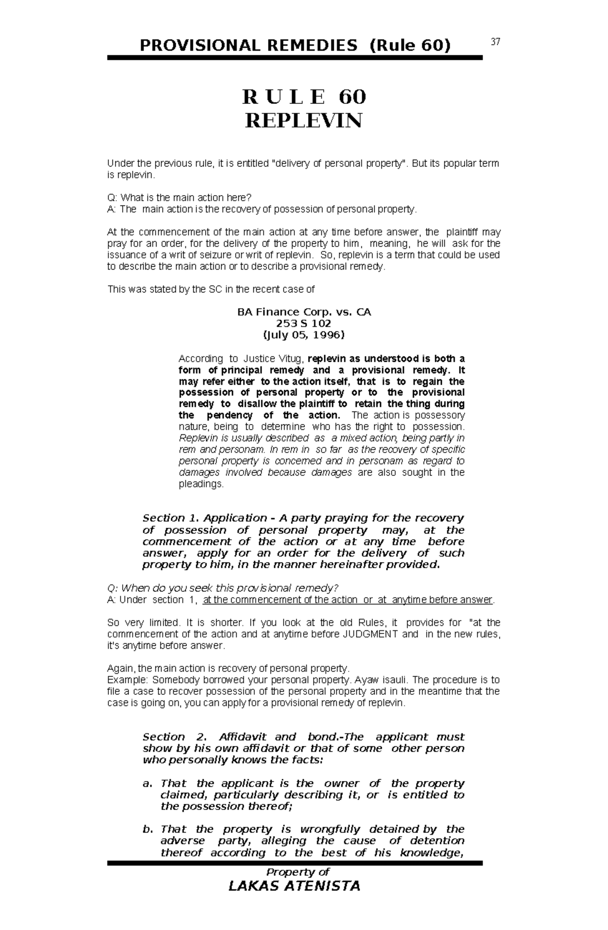 Rule 60 prov rem - PROVISIONAL REMEDIES (Rule 60) R U L E 60 REPLEVIN Under the previous rule ...