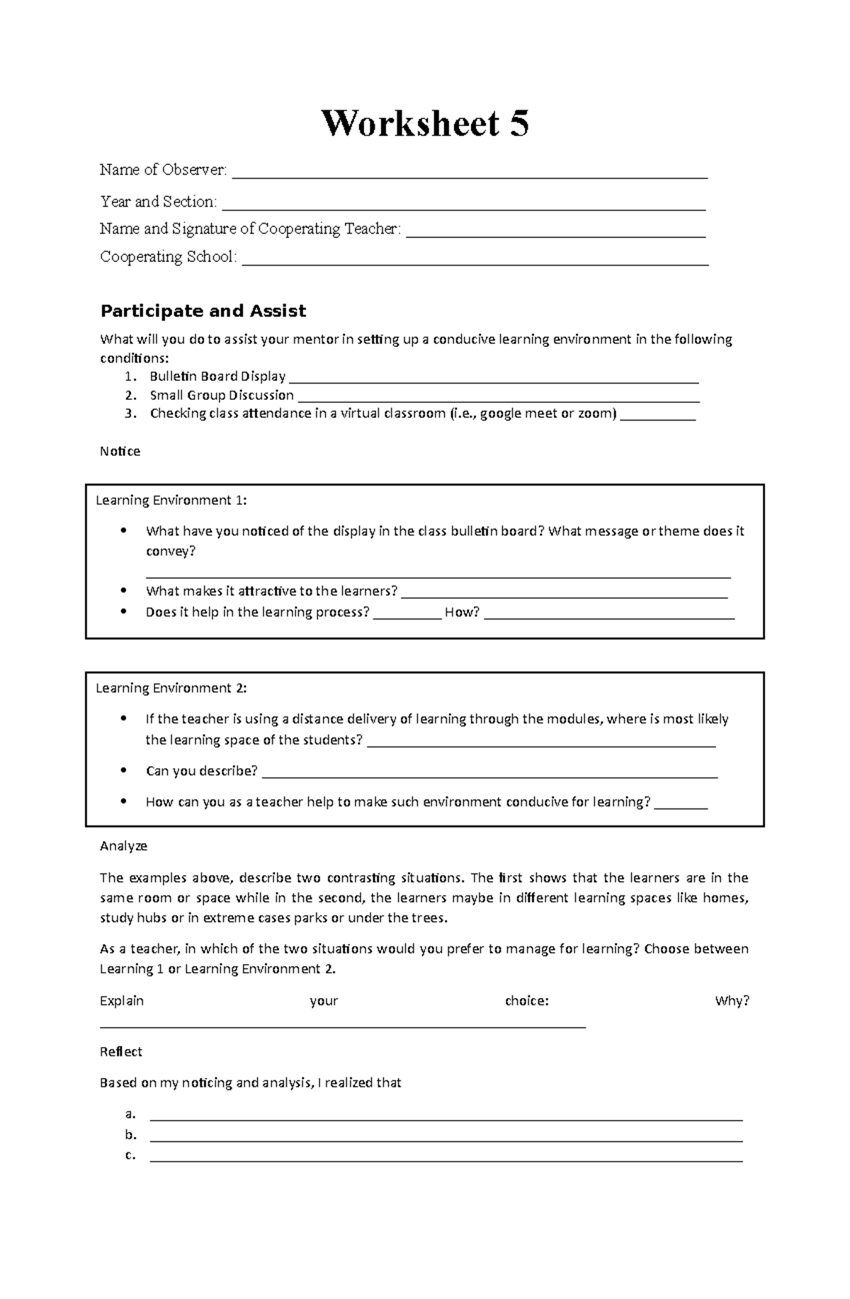 Worksheet 5 - Please give as much additional information as possible ...