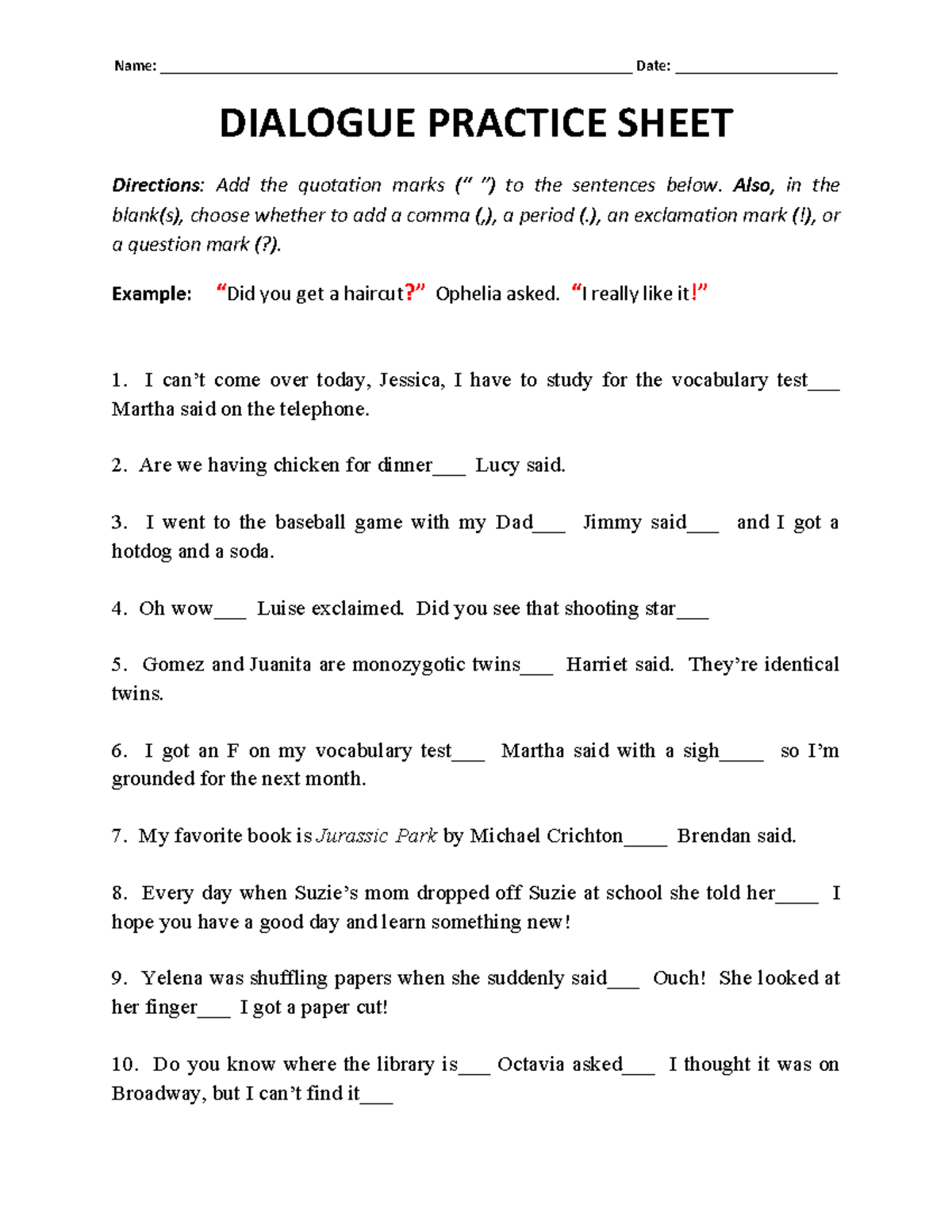 Dialogue Tagsand End Punctuation Practice Worksheet-1 - Name: - Studocu