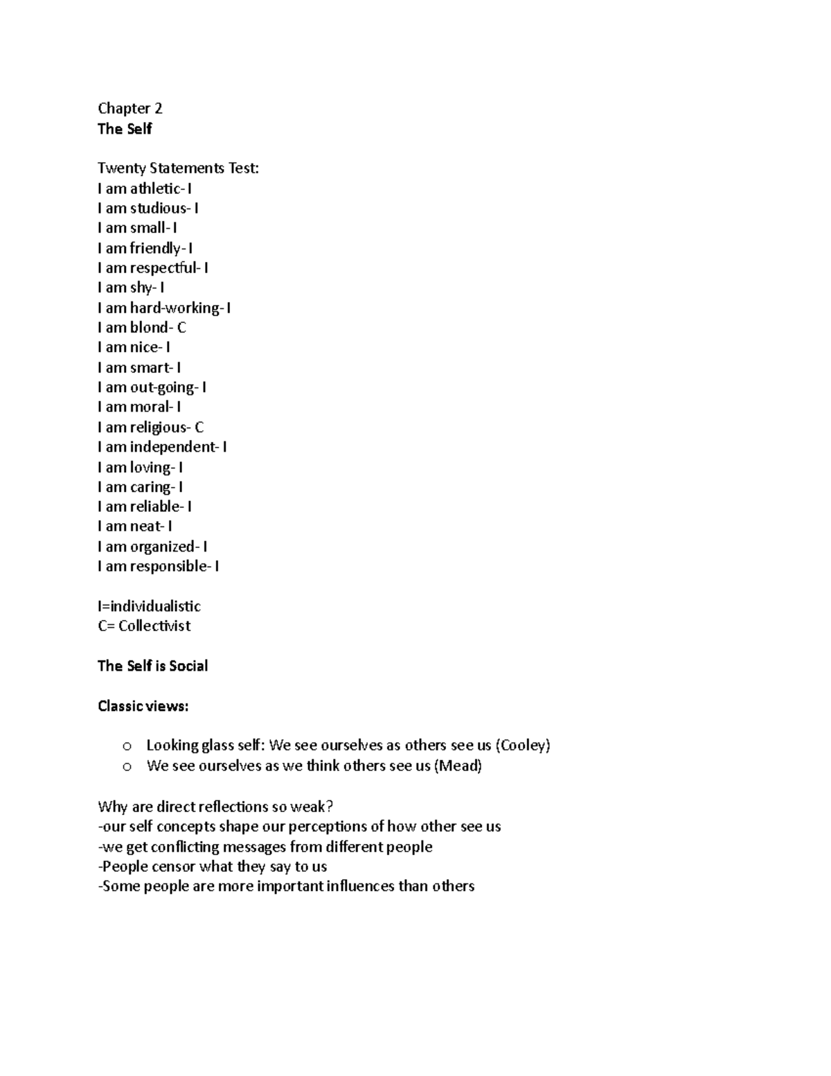 Chapter 2 - Chapter 2 The Self Twenty Statements Test: I am athletic- I ...