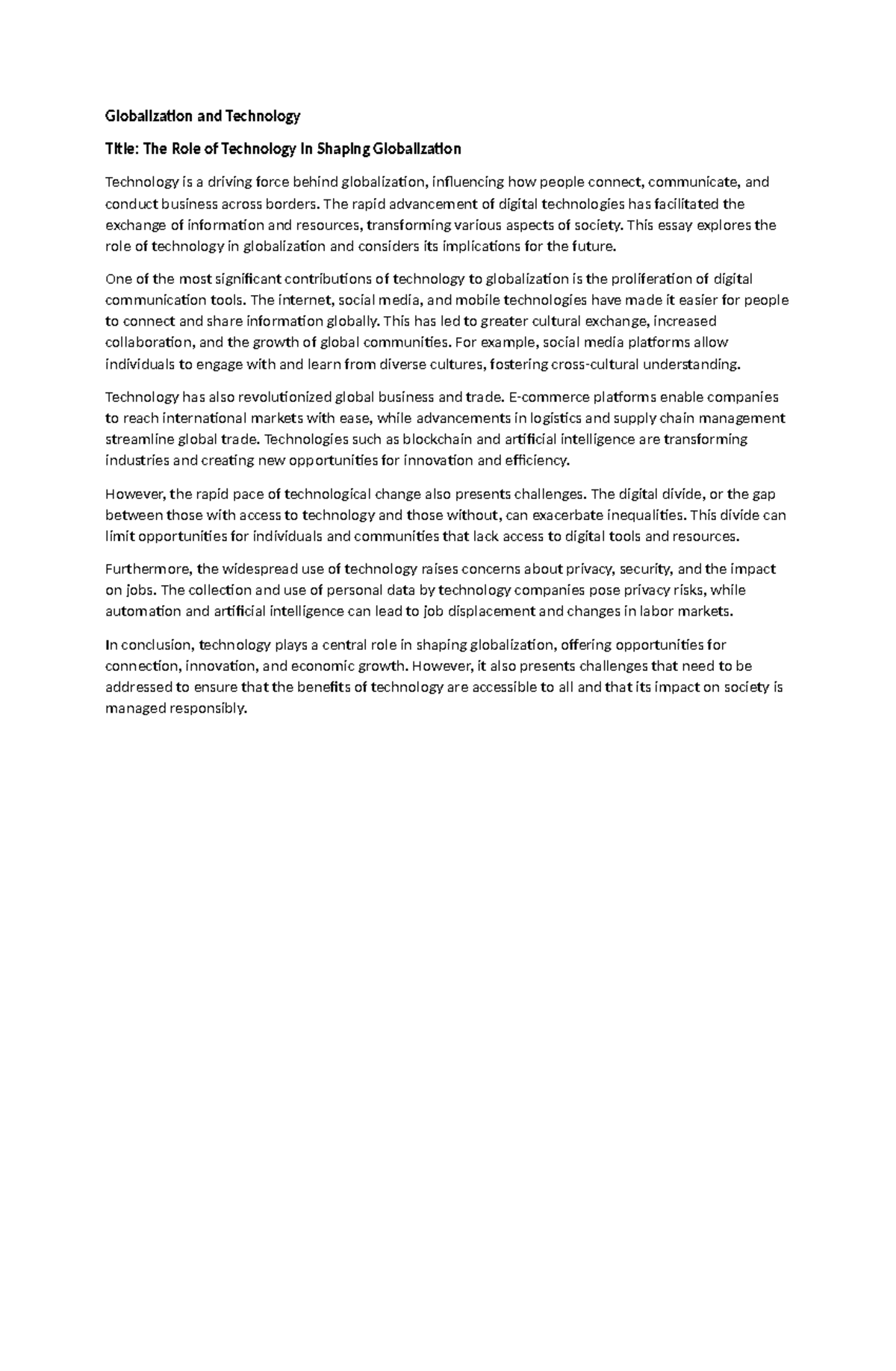 Globalization and Technology - Globalization and Technology Title: The ...