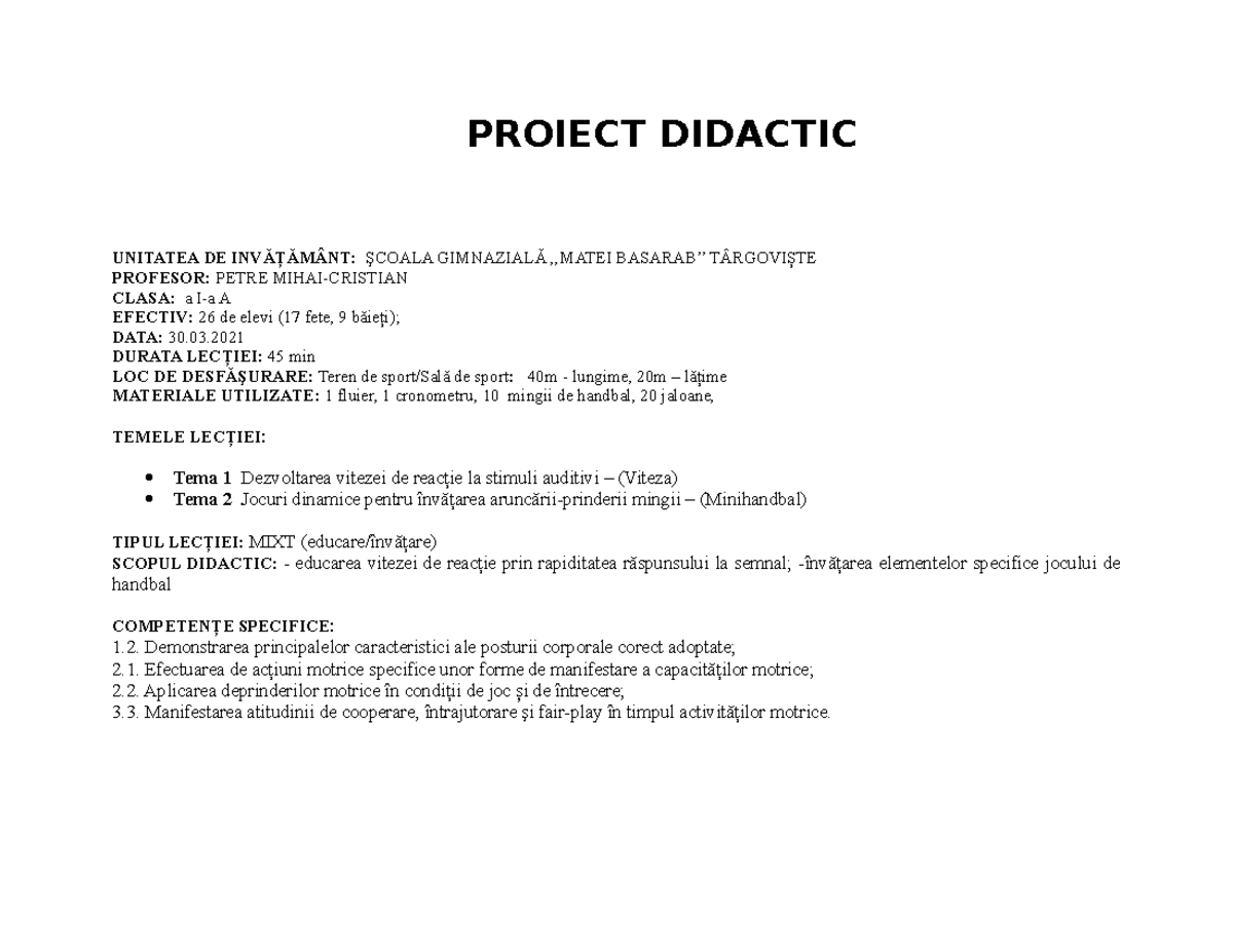 Proiect didactic cls i a 30 - PROIECT DIDACTIC UNITATEA DE INVĂŢĂMÂNT ...