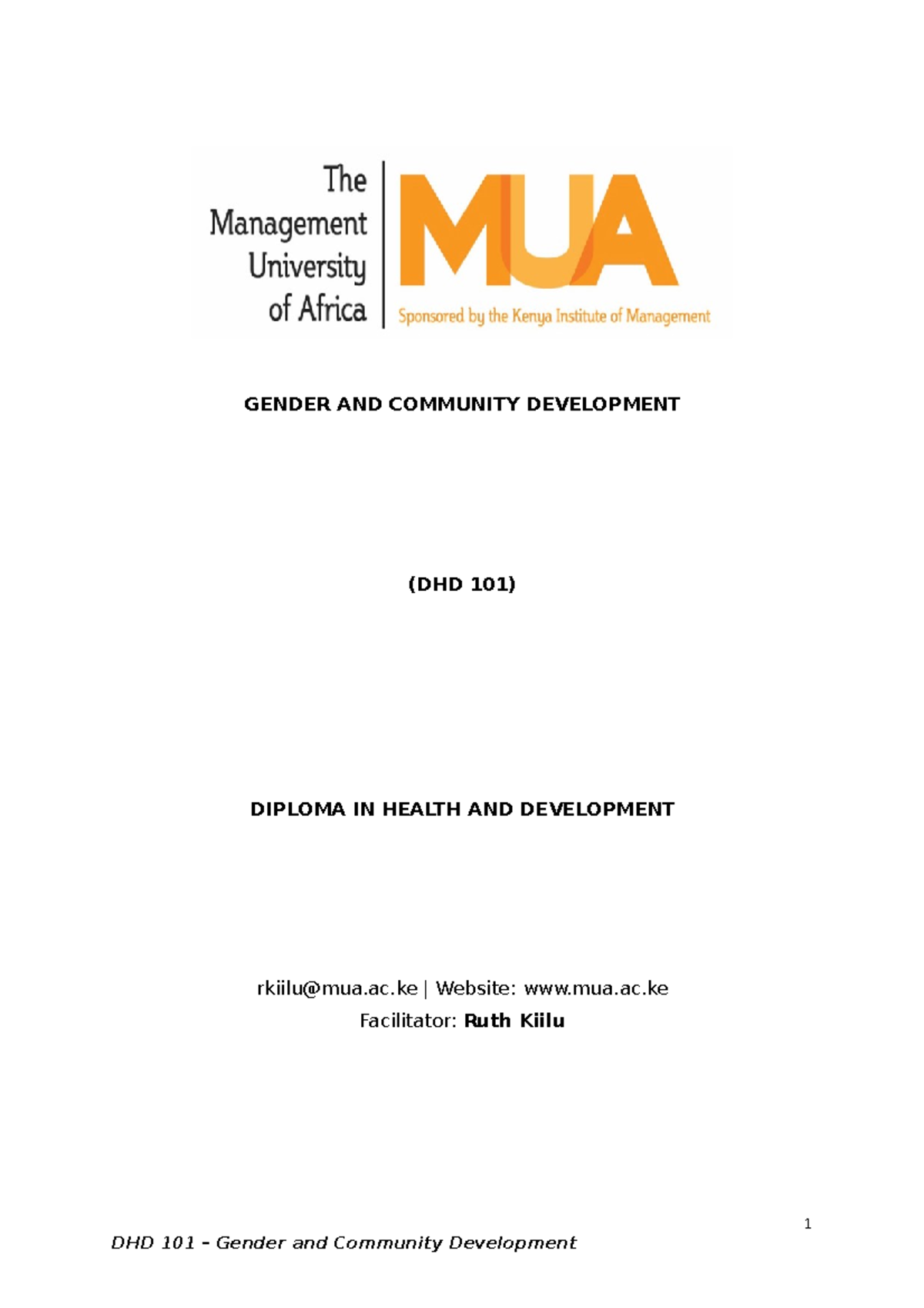 DHD 101 - Notes - GENDER AND COMMUNITY DEVELOPMENT (DHD 101) DIPLOMA IN ...