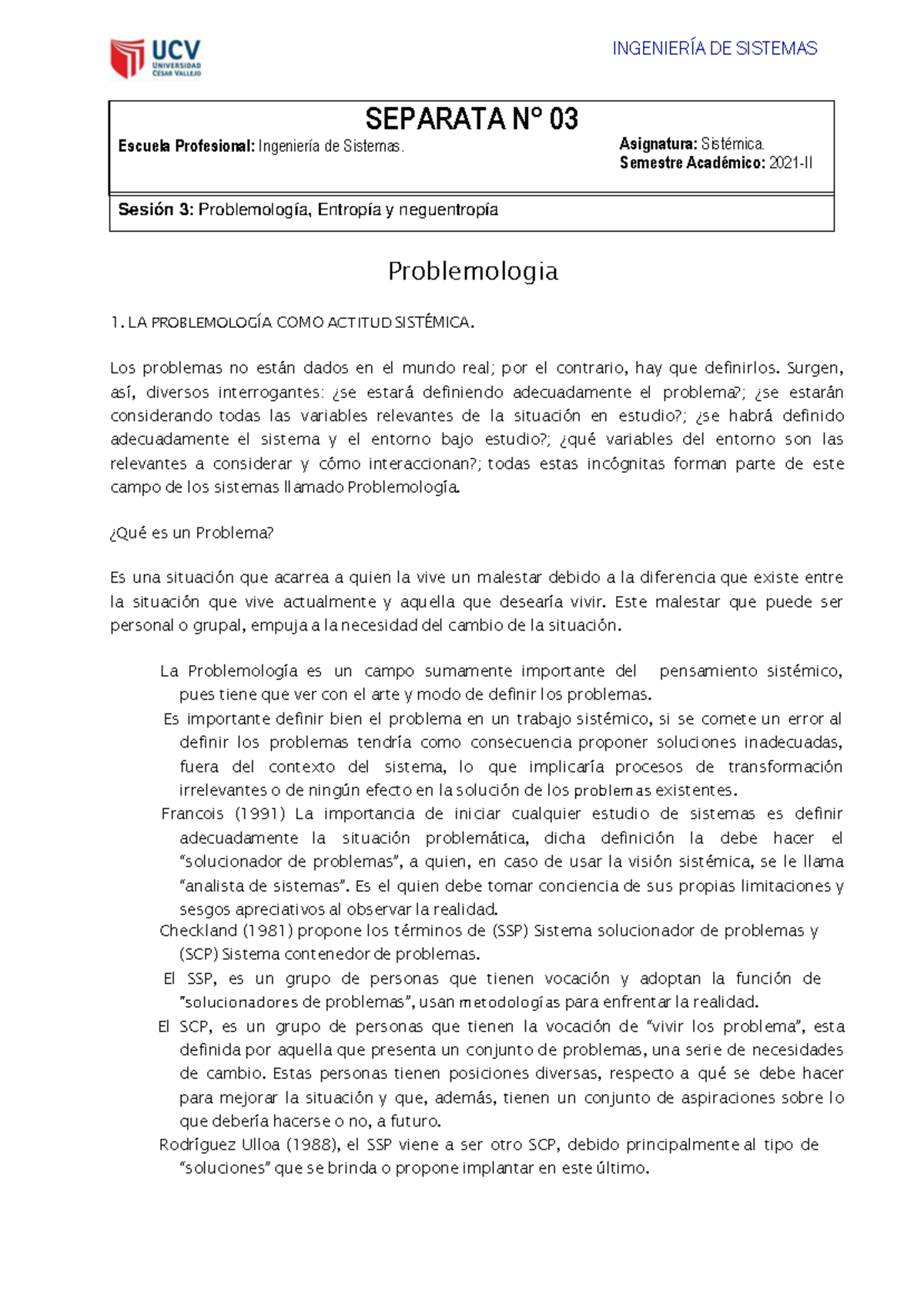 Separata 03 Problemología - SEPARATA N∞ 03 Escuela Profesional: IngenierÌa de Sistemas ...