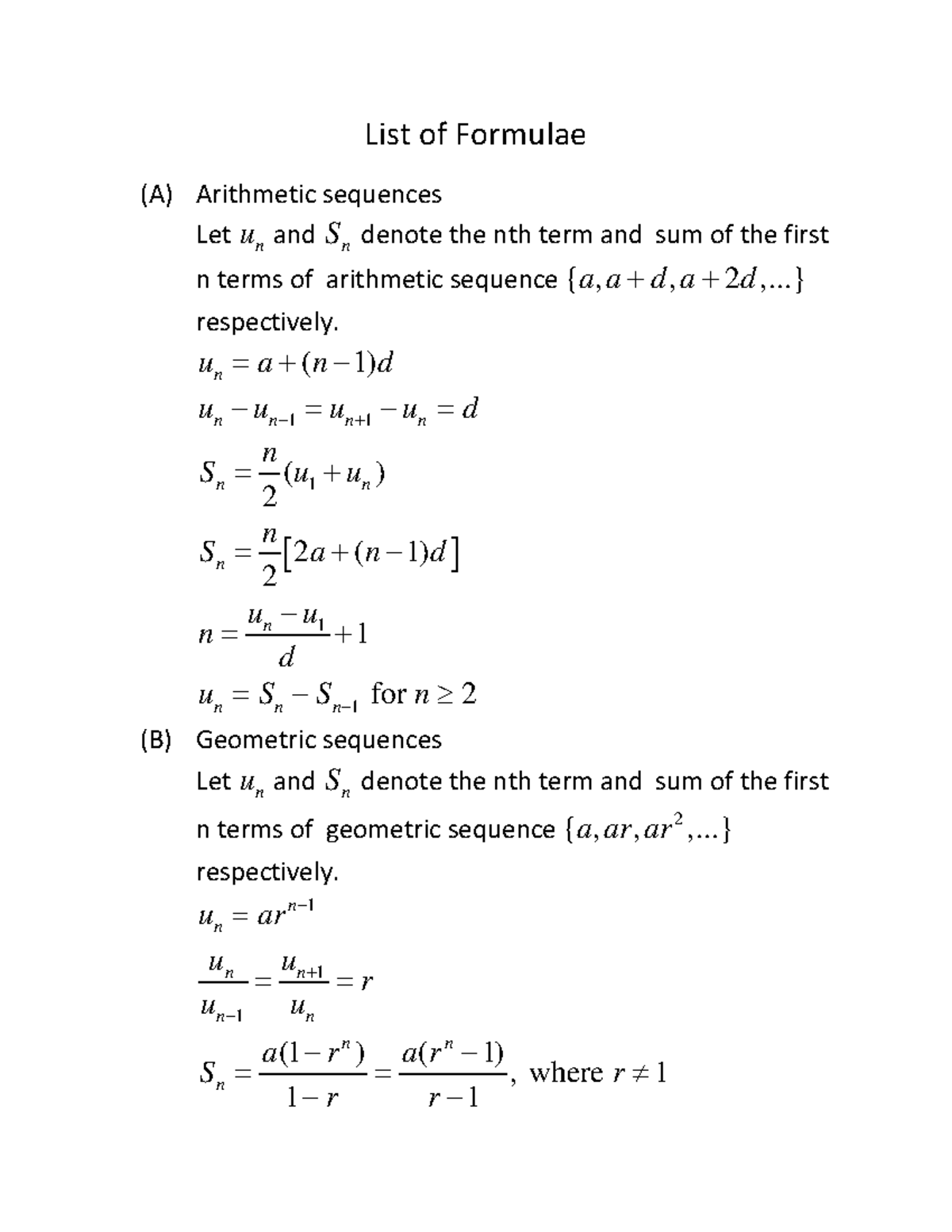 List of Formulae - List of Formulae (A) Arithmetic sequences Let un and ...