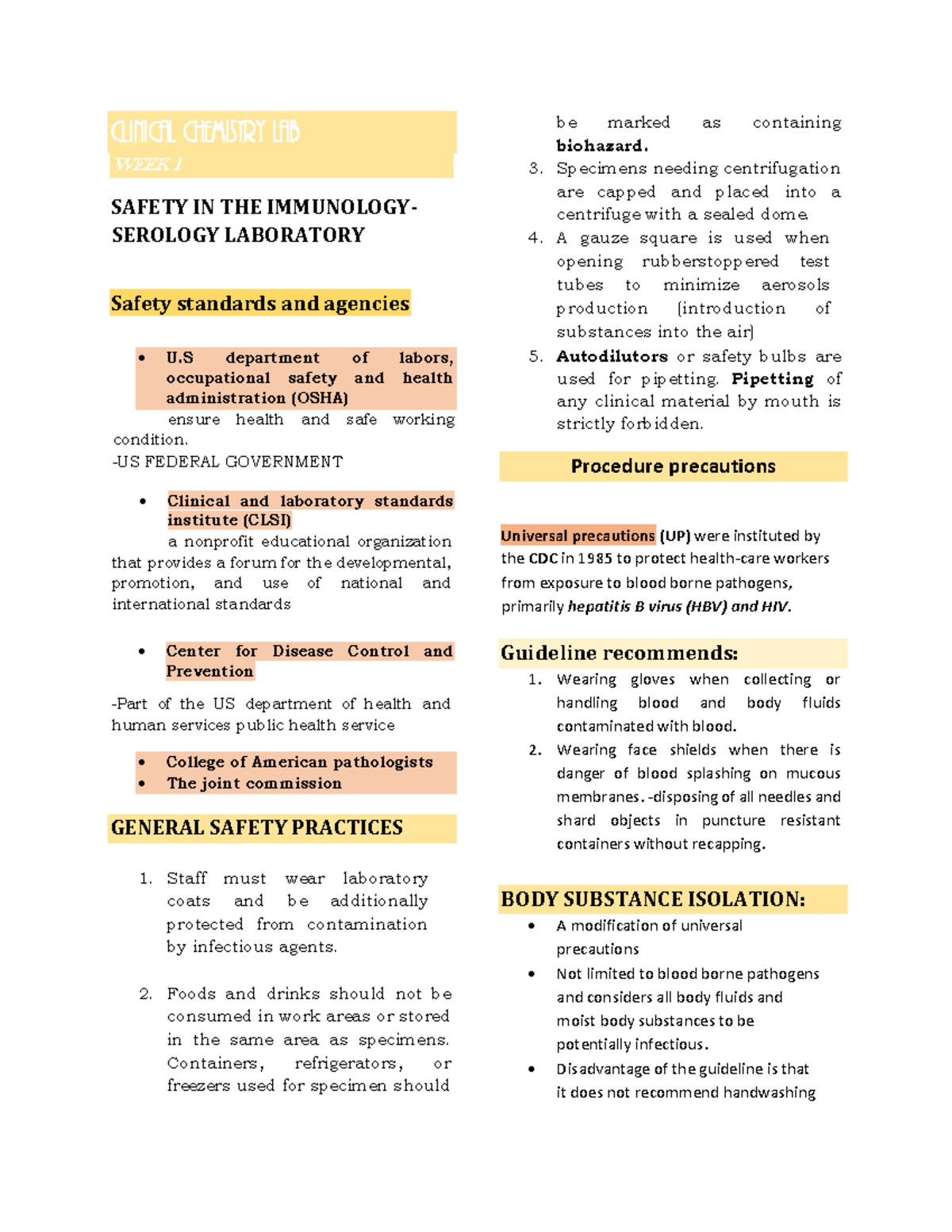 Clinical chemistry lab - CLINICAL CHEMISTRY LAB WEEK 1 SAFETY IN THE ...