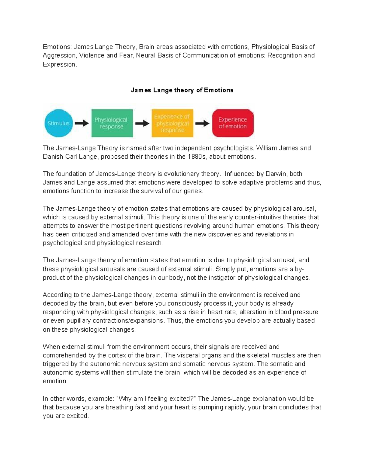 Physio Notes - Emotions: James Lange Theory, Brain areas associated ...