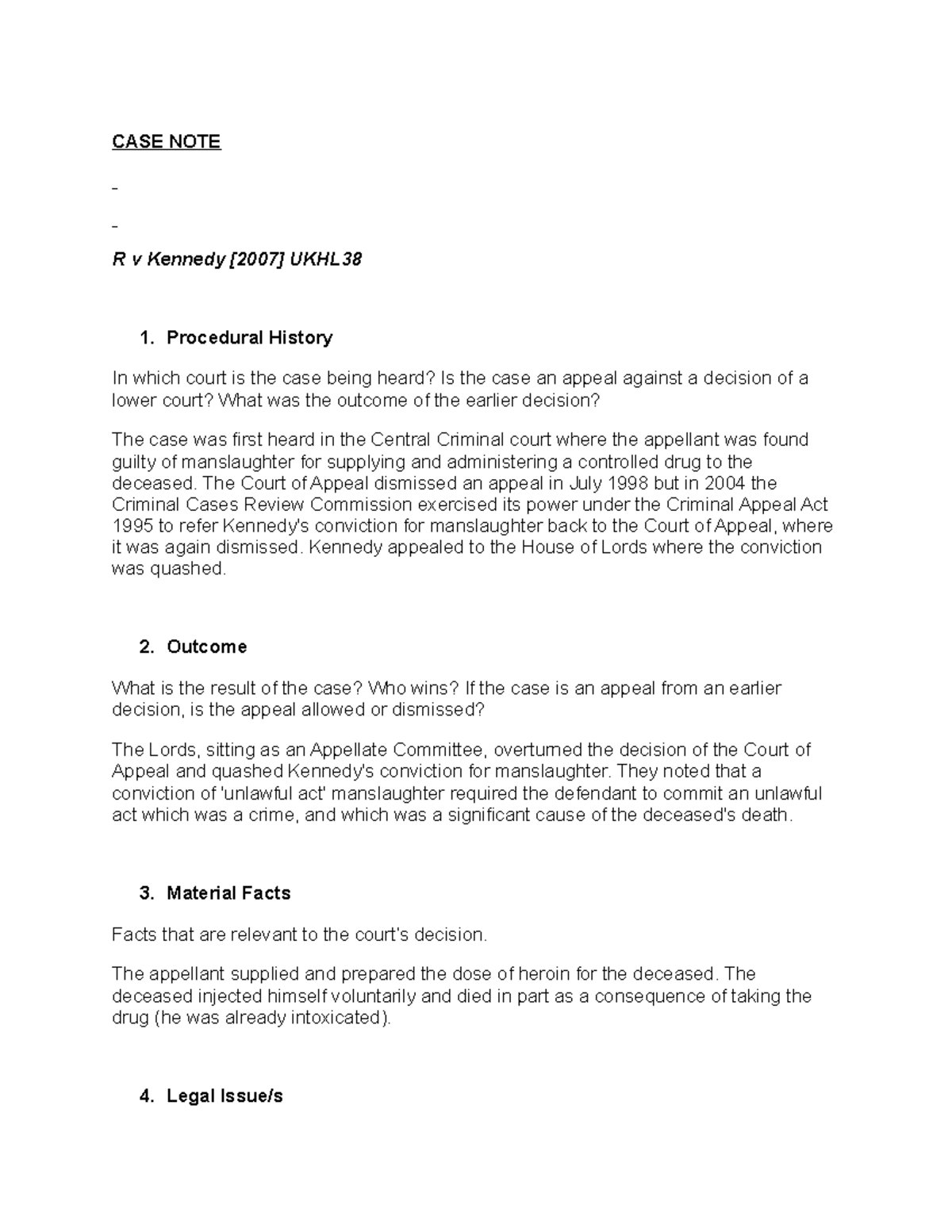 Case note r v kennedy - CASE NOTE R v Kennedy [2007] UKHL 1. Procedural ...