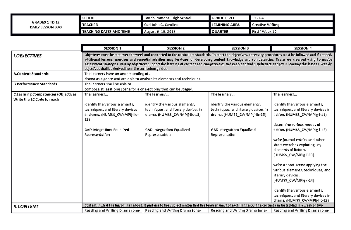 Grades 1 TO 12 Daily Lesson LOG - GRADES 1 TO 12 DAILY LESSON LOG ...