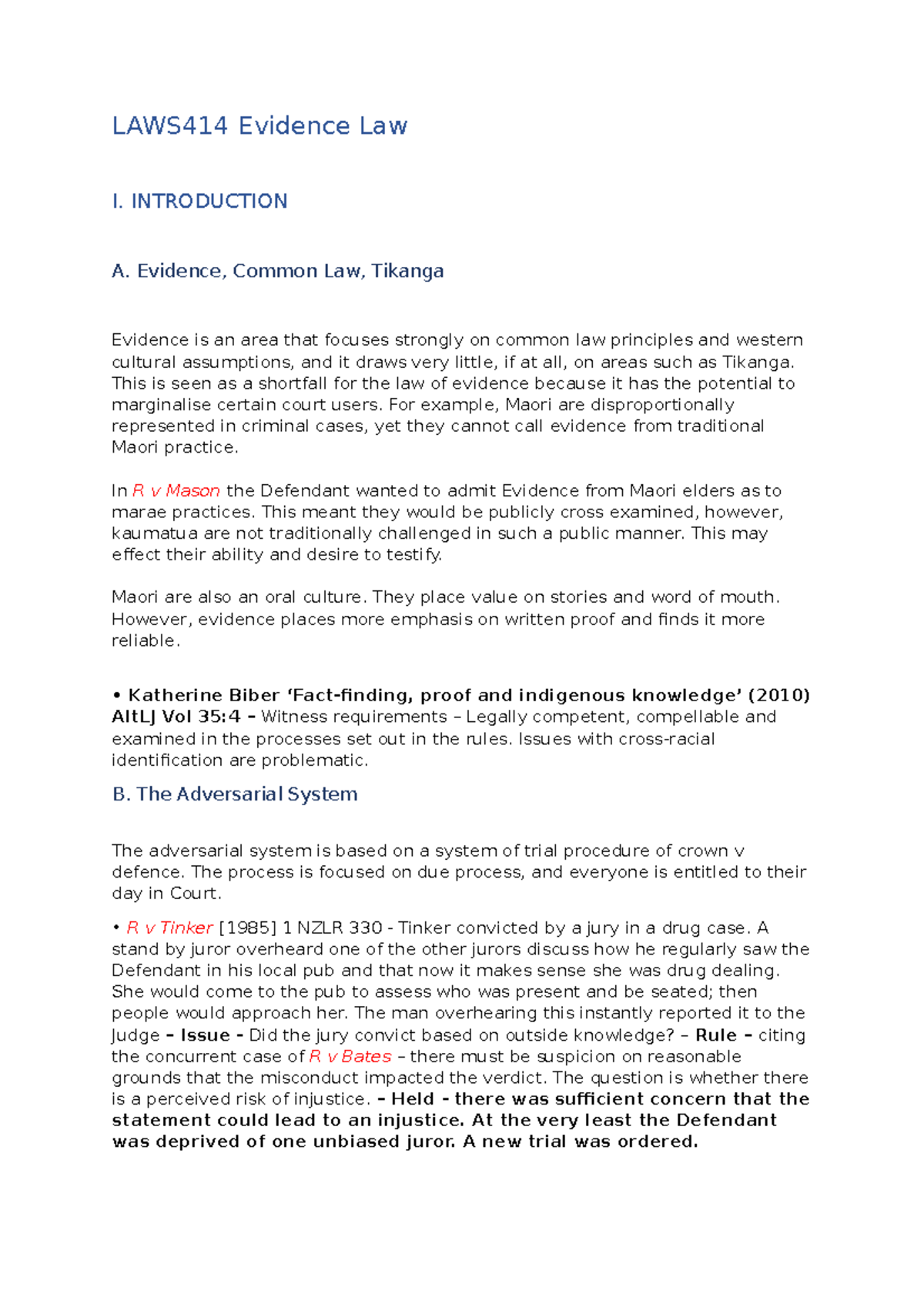 Evidence Notes - LAWS414 Evidence Law I. INTRODUCTION A. Evidence ...