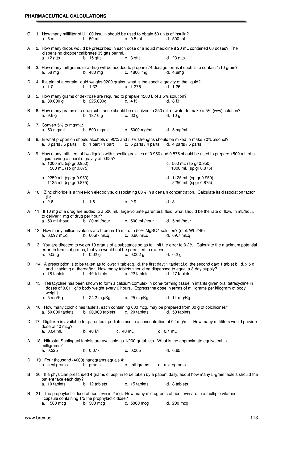 Pharmaceutical Calculations Answer Key- Green Pacop - C 1. How many ...