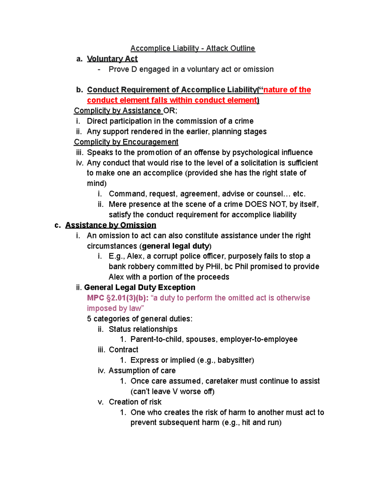 Accomplice Liability - Attack Outline - Voluntary Act Prove D engaged ...