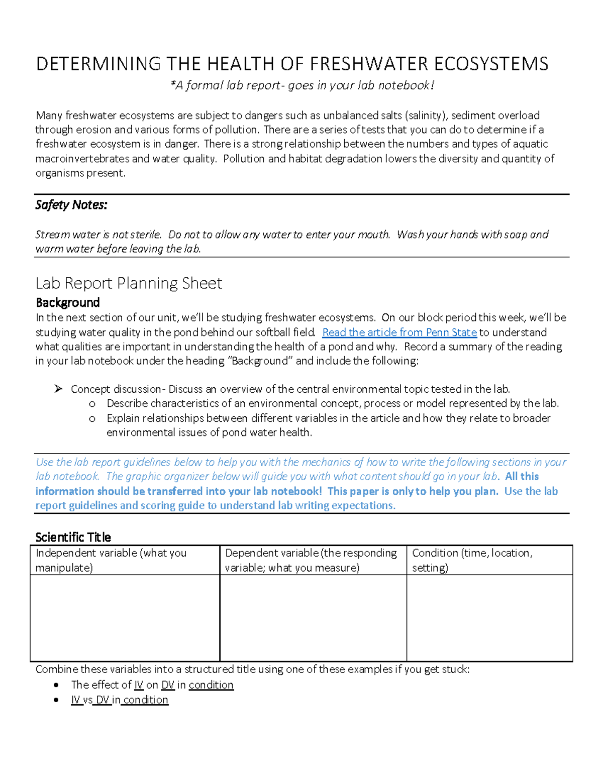 Water quality Lab U1 - DETERMINING THE HEALTH OF FRESHWATER ECOSYSTEMS ...