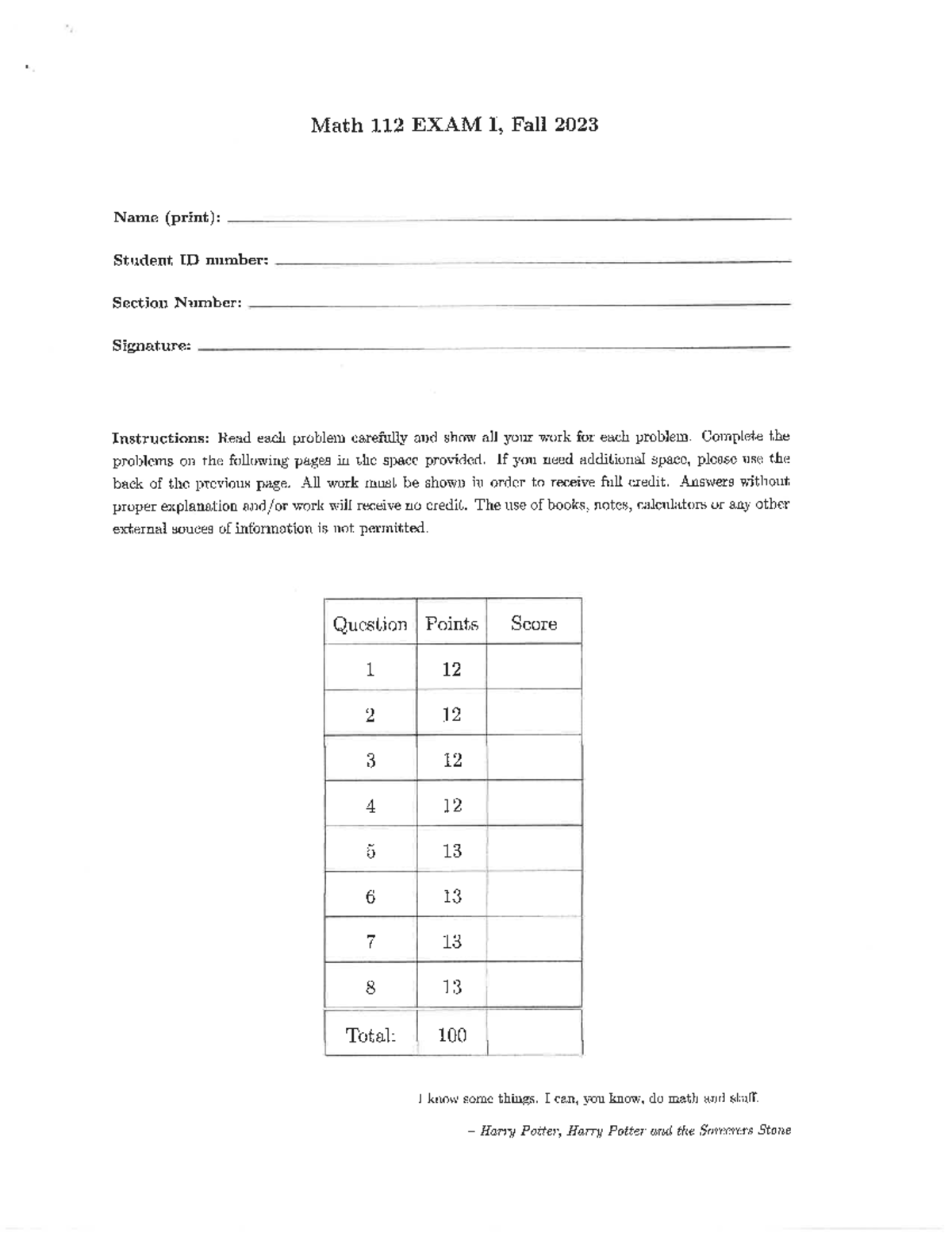 112 Exam #1 2023 Fall Printed - Math 112 EXAM I, Fall 2023 Name (print ...