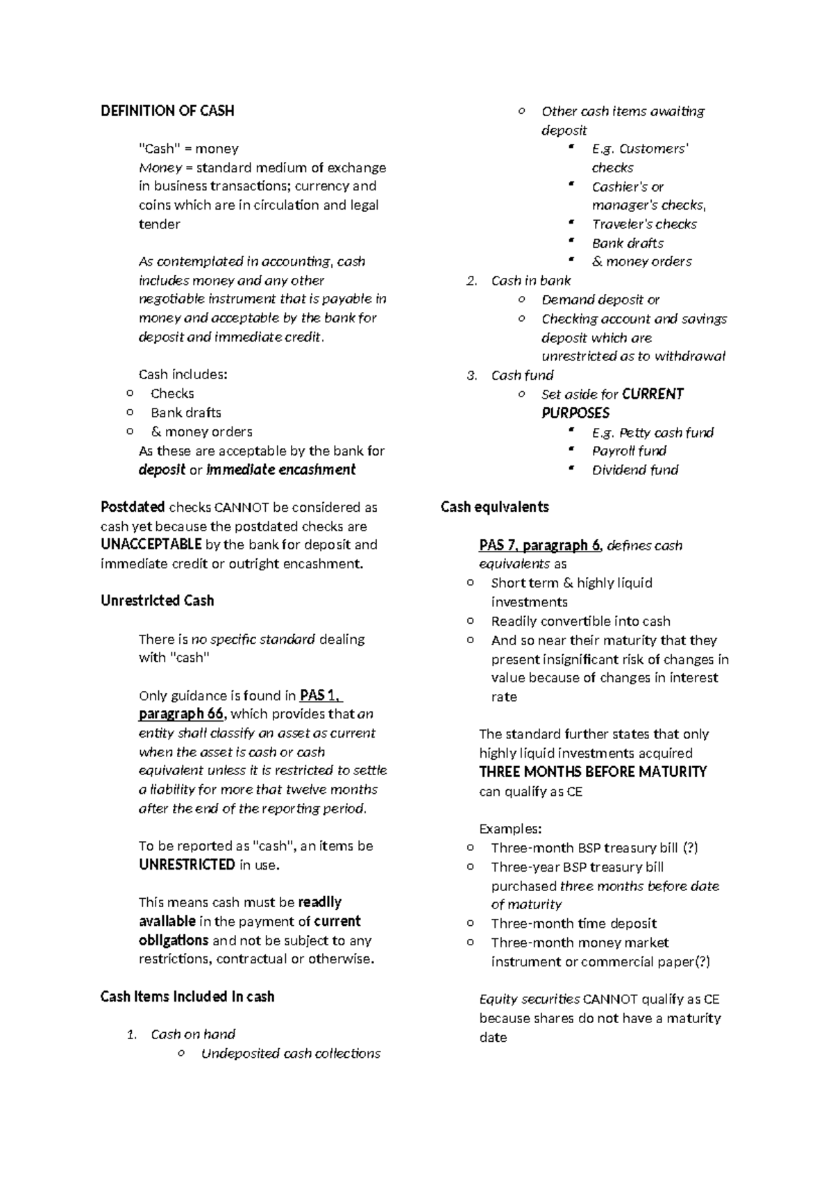 CCE PT.1 Summary - Cash and cash equivalents - DEFINITION OF CASH "Cash ...