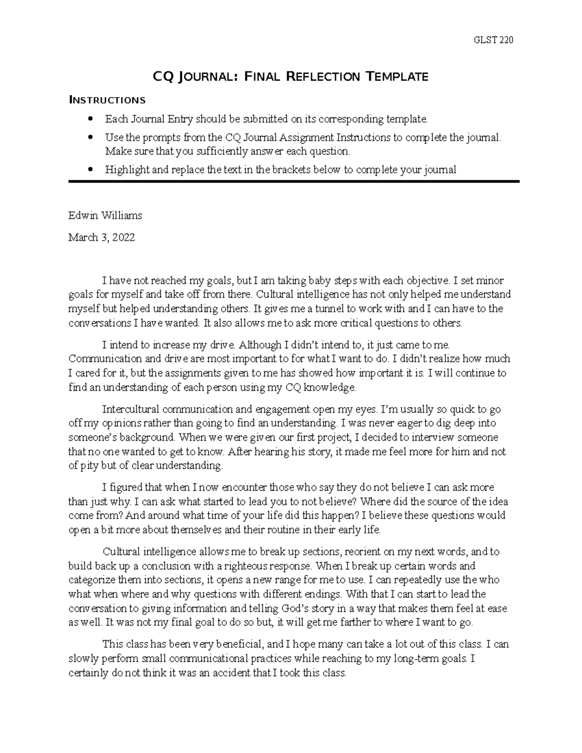 CQ Journal Final Reflection Template - GLST 220 CQ JOURNAL: FINAL ...