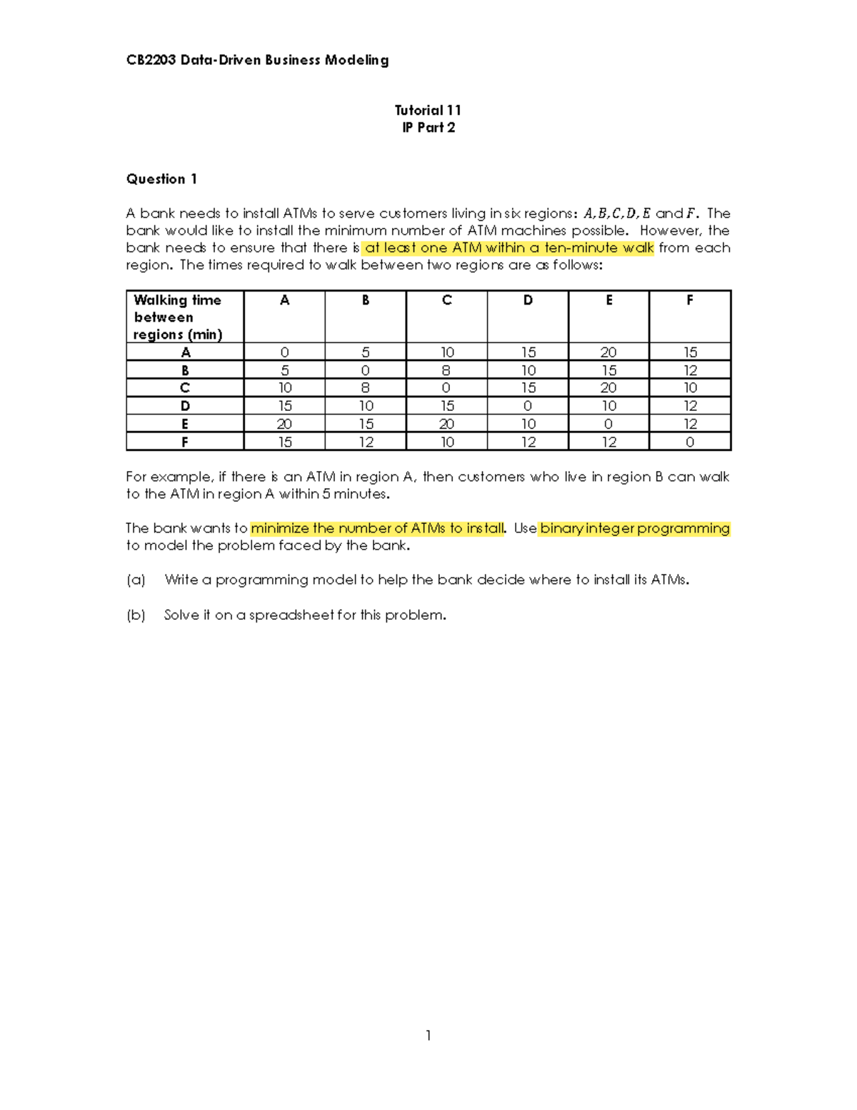 Tutorial 11 Ip Q Cb2203 Data Driven Business Modeling 1 Tutorial 11 Ip Part 2 Question 1 A