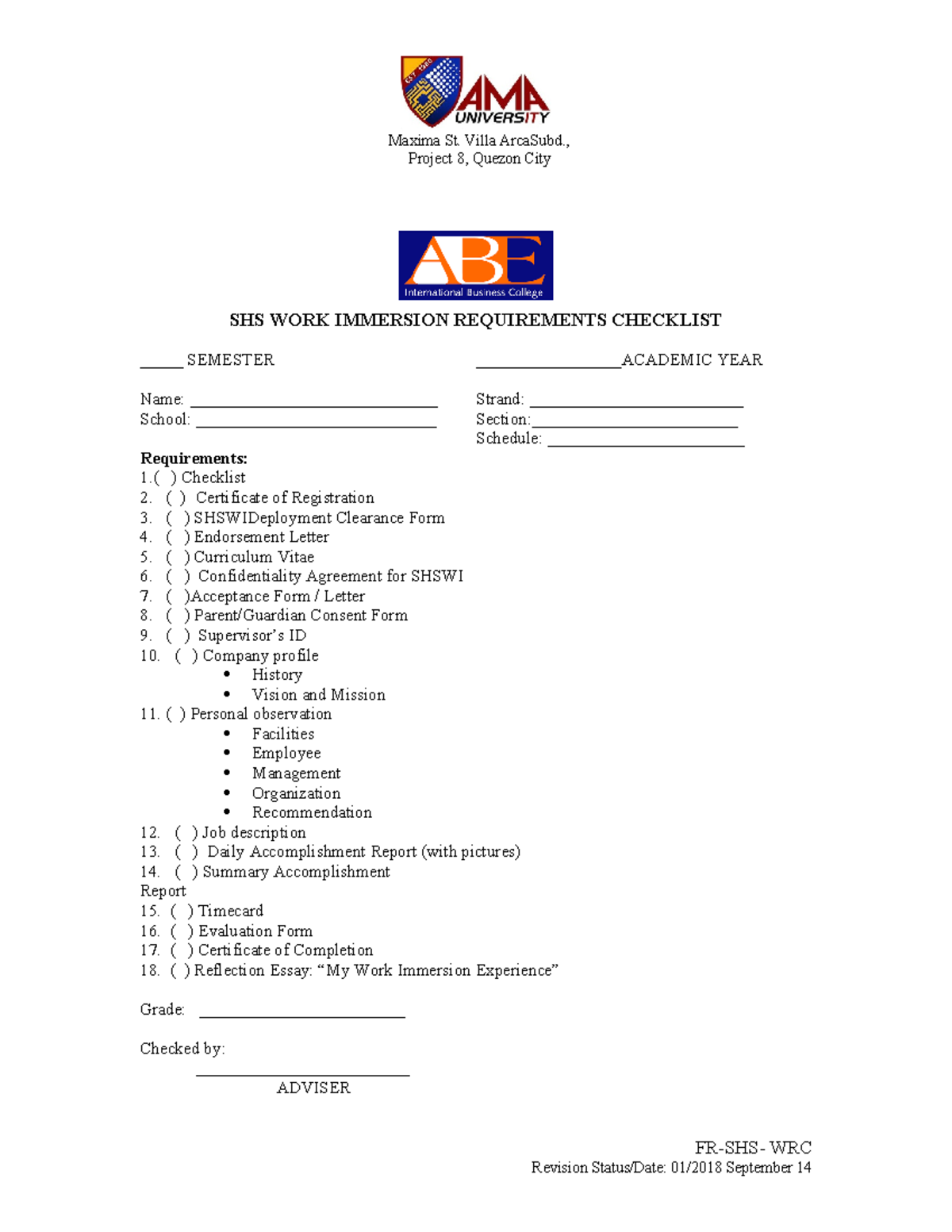 Shswi Checklist ABE Manila - Maxima St. Villa ArcaSubd., Project 8 ...