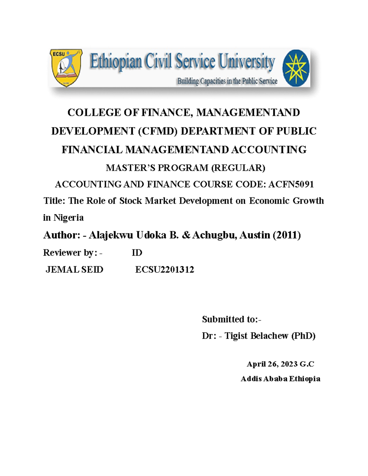 Introduction jemal seid - COLLEGE OF FINANCE, MANAGEMENTAND DEVELOPMENT ...