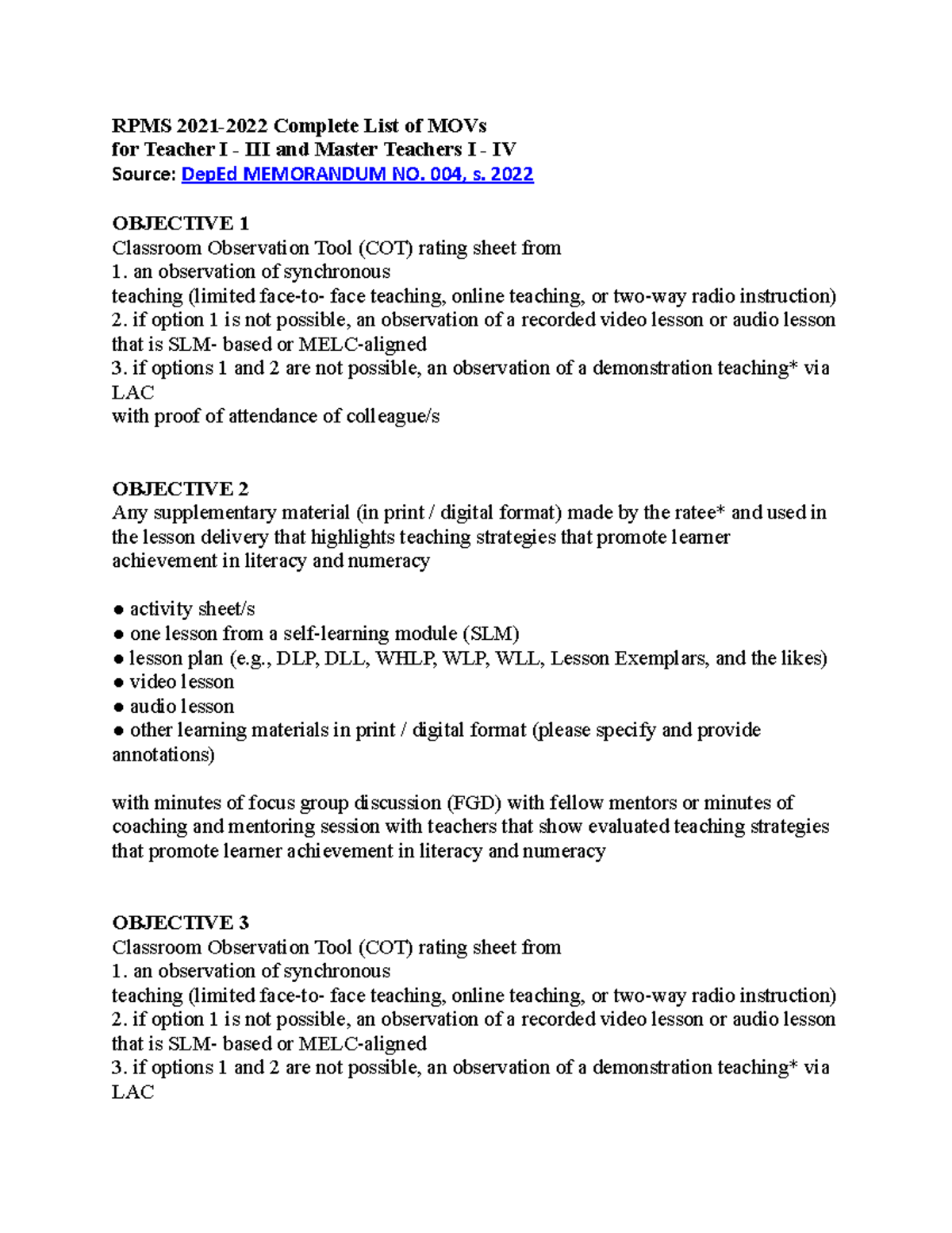 LIST OF MOVs for Teacher I-III, Master Teacher I-IV - RPMS 2021-2022 ...